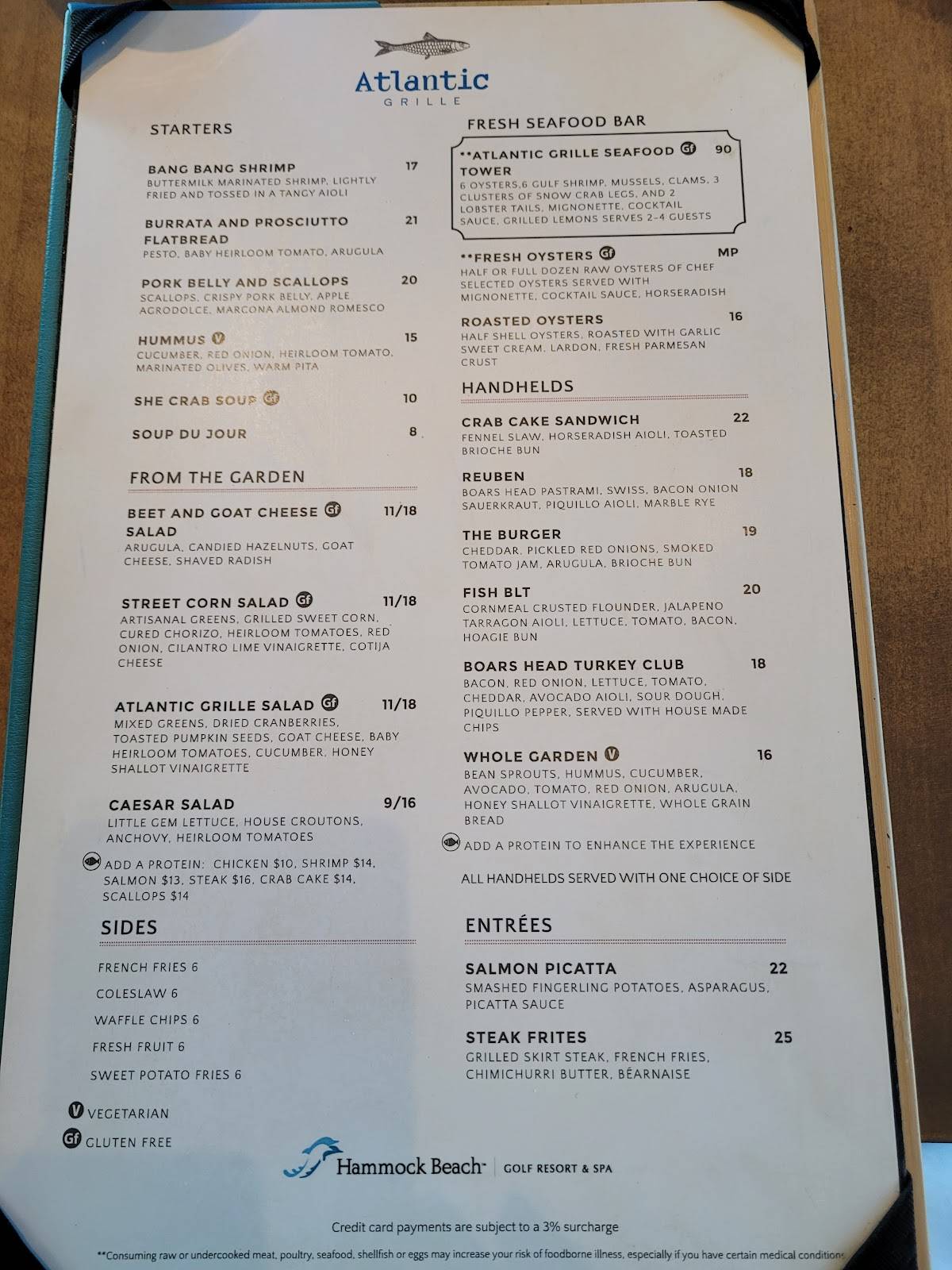 Menu at Atlantic Grille Oceanfront Restaurant, Palm Coast, 105 16th Rd
