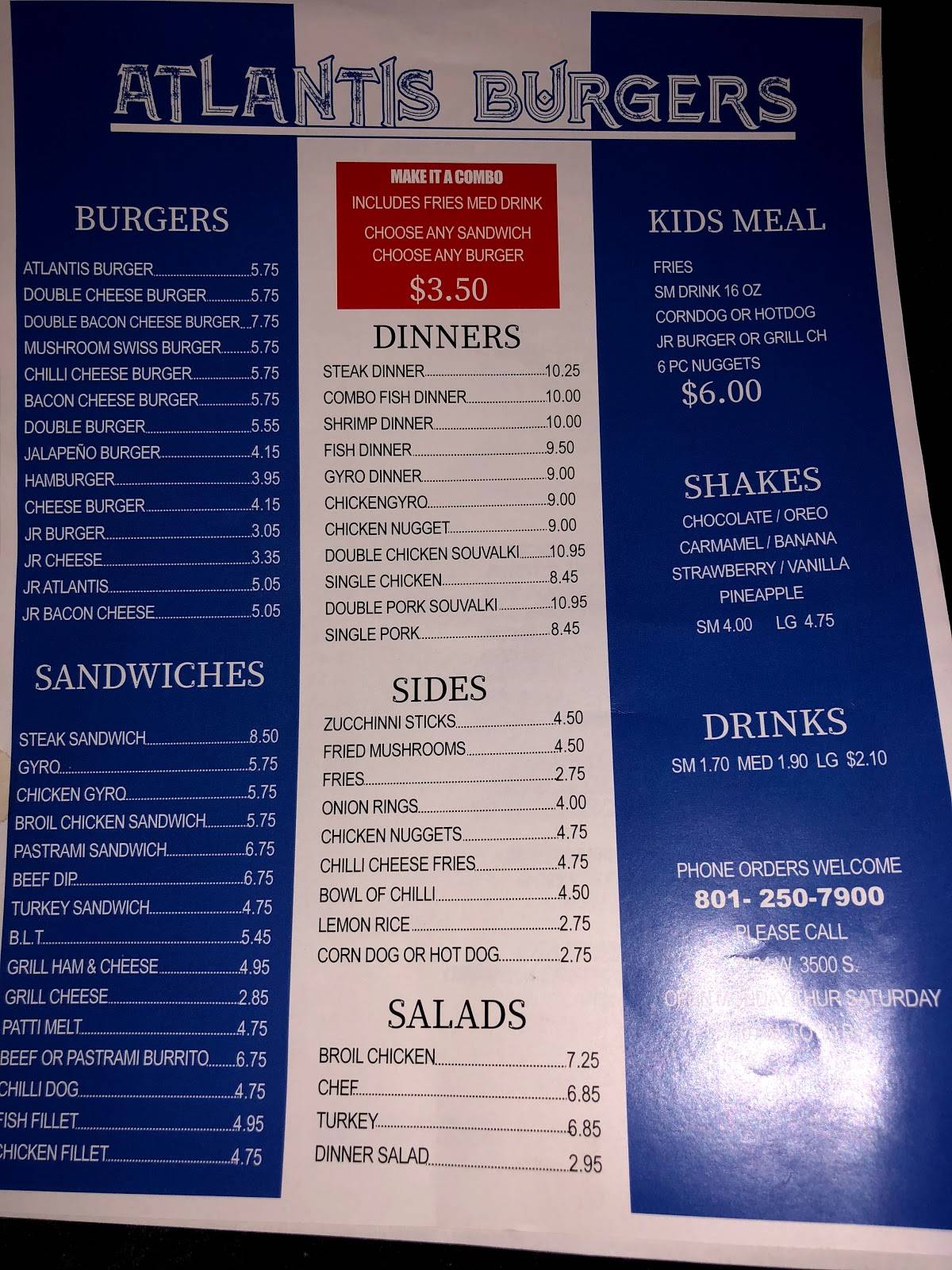 Menu at Atlantis Burgers restaurant, West Valley City, W 3500 S