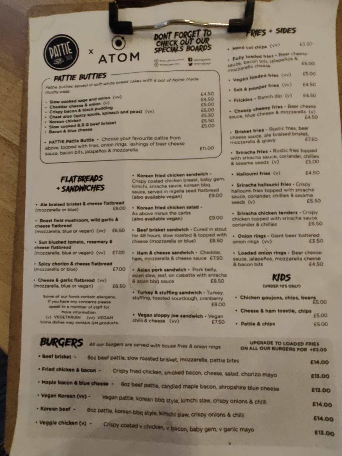 Menu at Atom Bar Hull, Hull