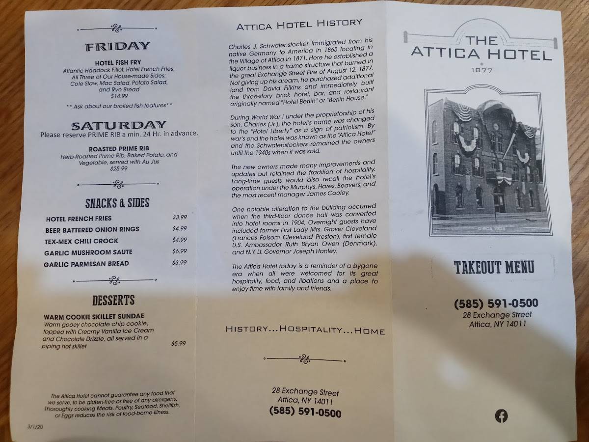 Menu at Attica Hotel. restaurant, Attica, 28 Exchange St