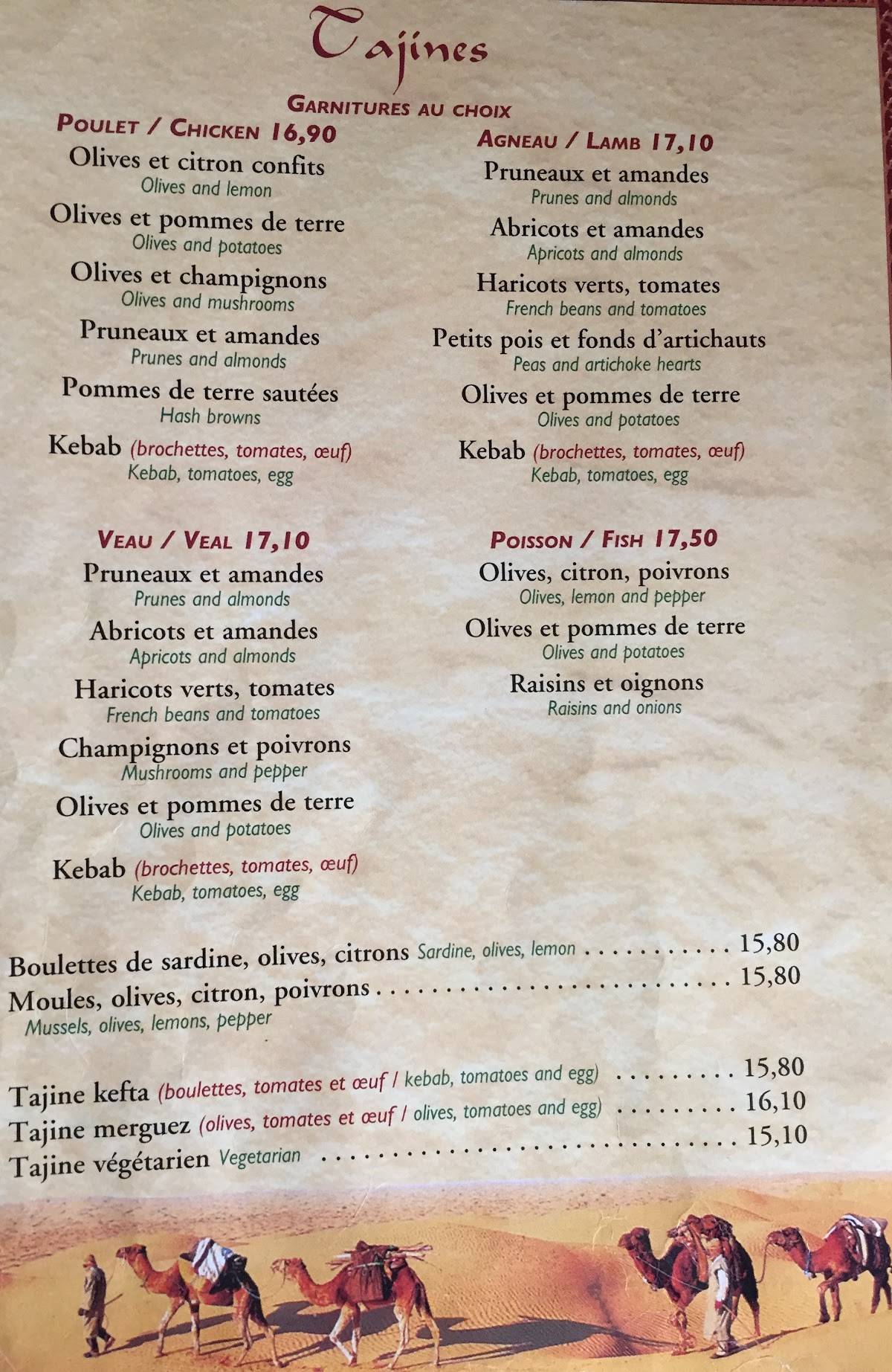 Menu au Au Soleil Du Maroc restaurant, Orsay