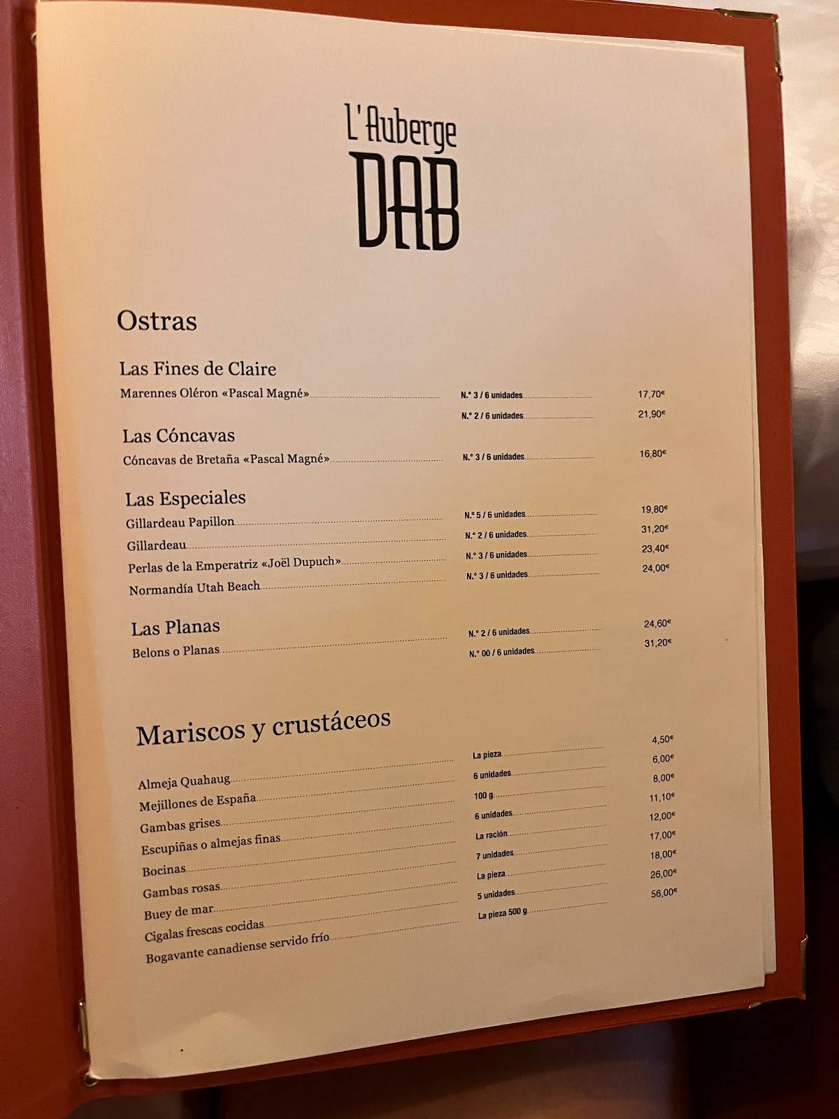 Menu at Auberge Dab restaurant, Paris, 161 Av. de Malakoff