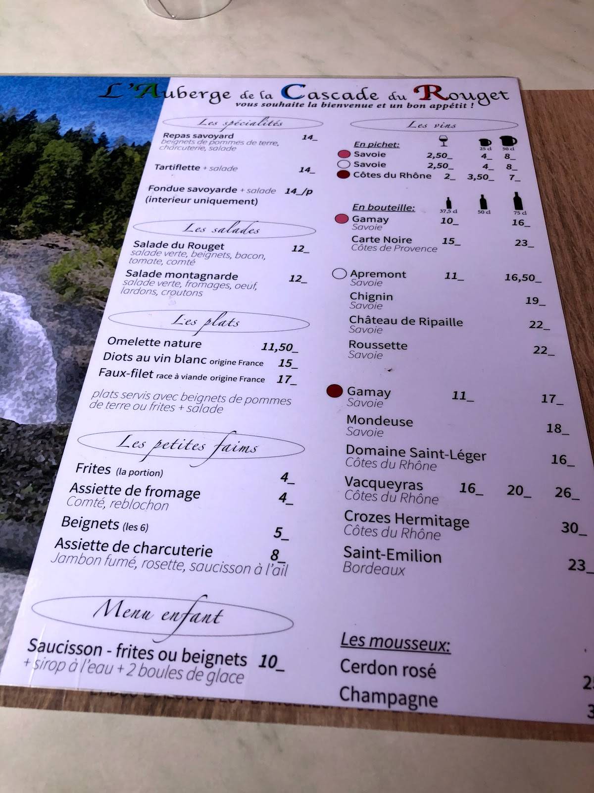 Menu au Auberge de la Cascade du Rouget restaurant, Sixt-Fer-à-Cheval, Rte du Lignon