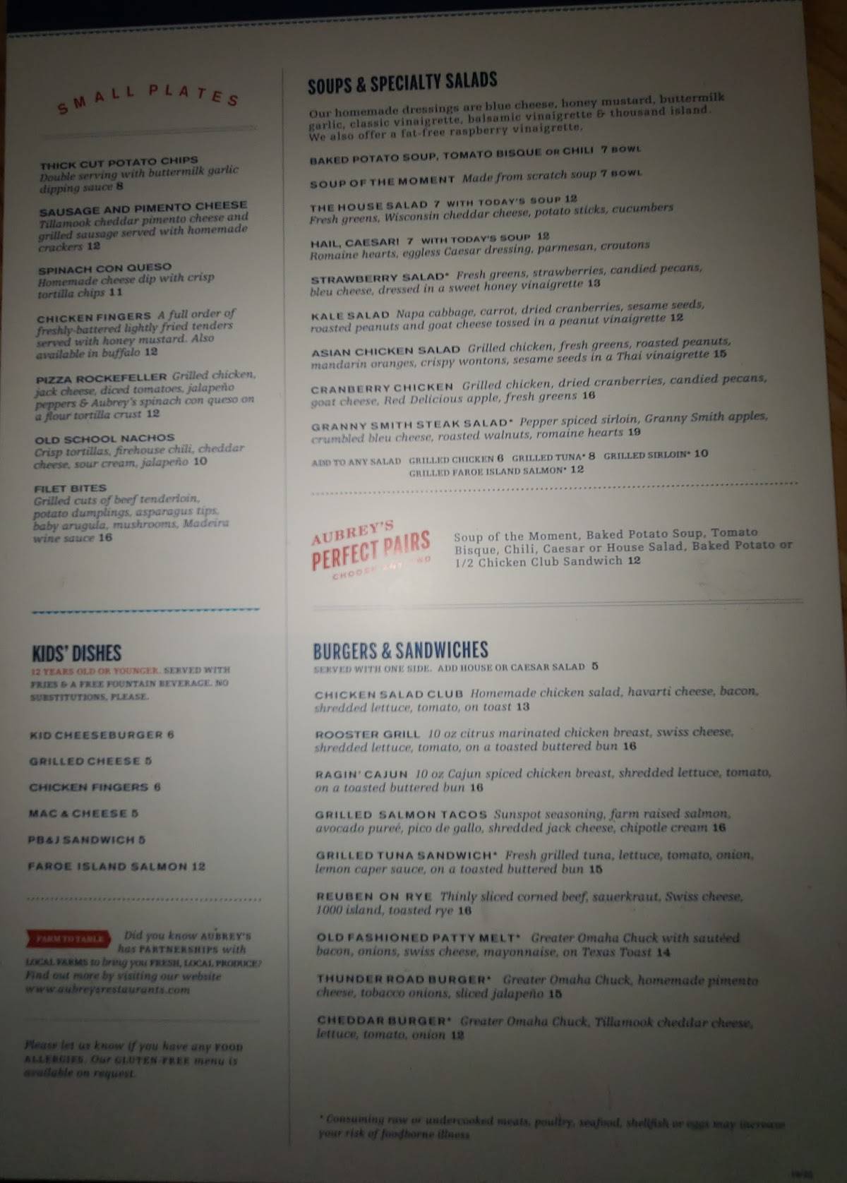 Menu at Aubrey's restaurant, Bristol