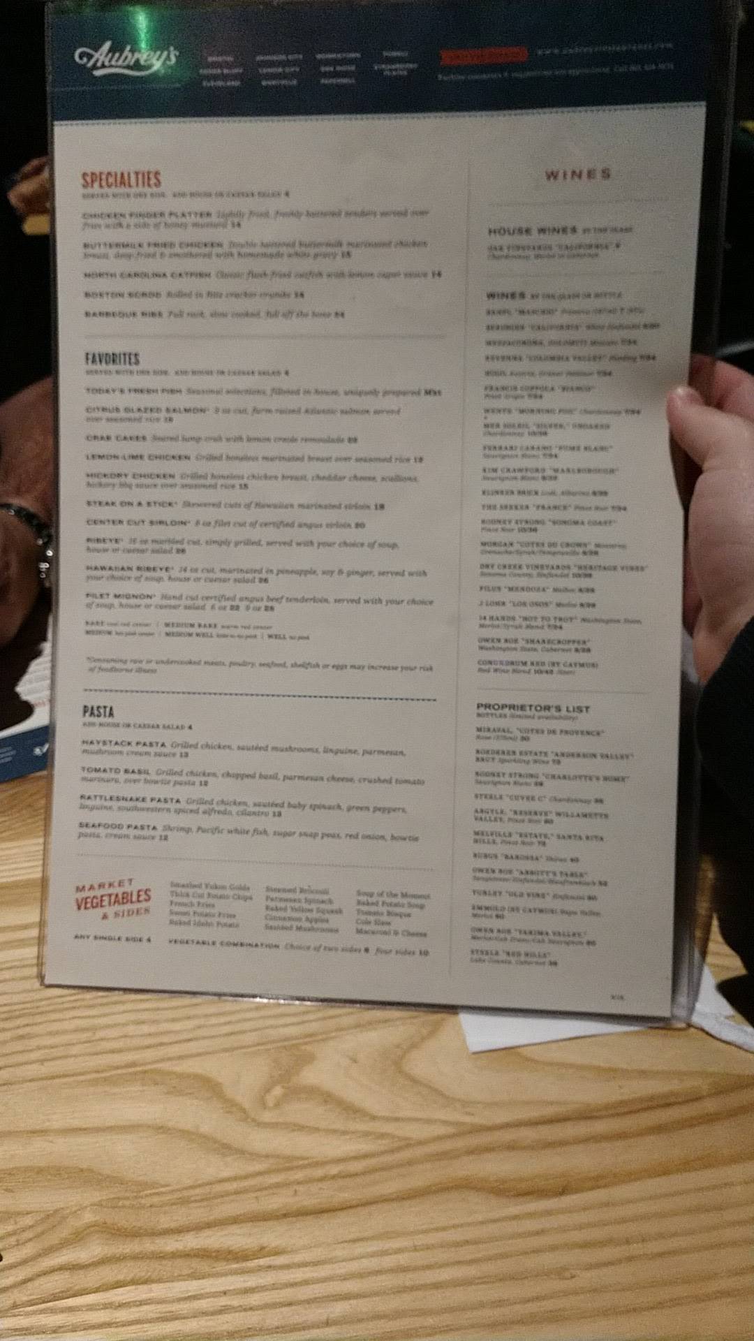 Menu at Aubrey's restaurant, Bristol