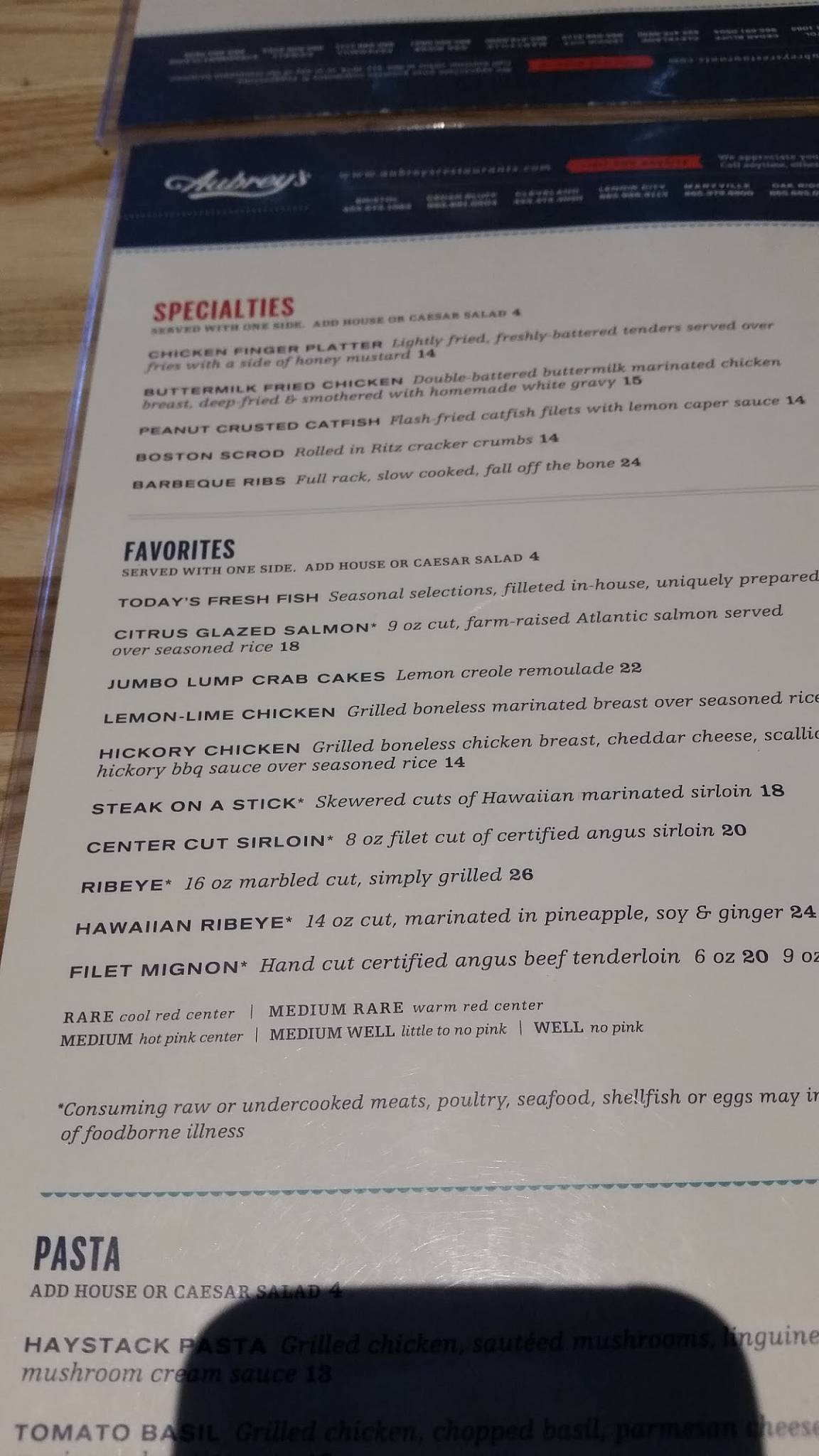 Menu at Aubrey's restaurant, Bristol