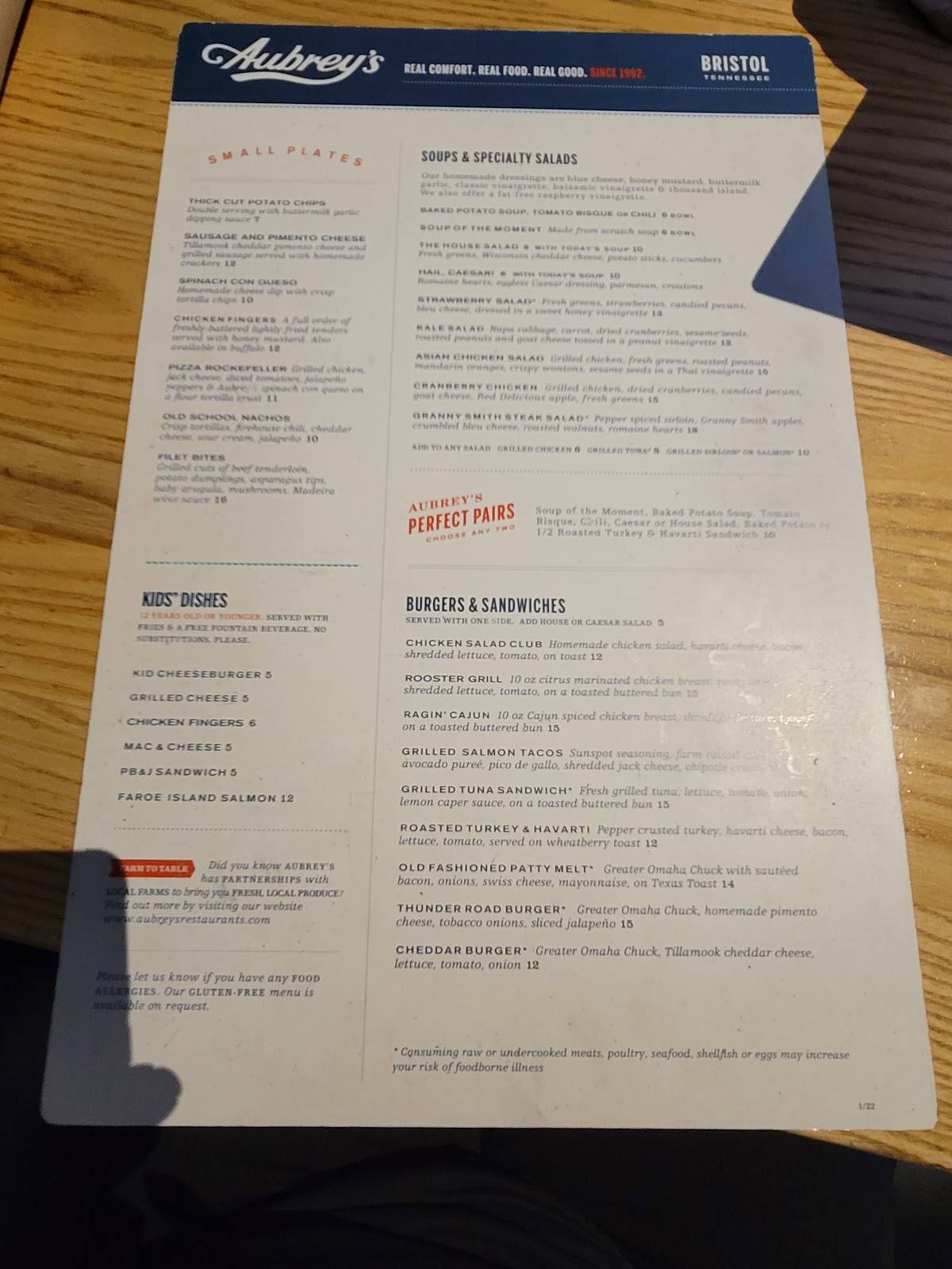 Menu at Aubrey's restaurant, Bristol