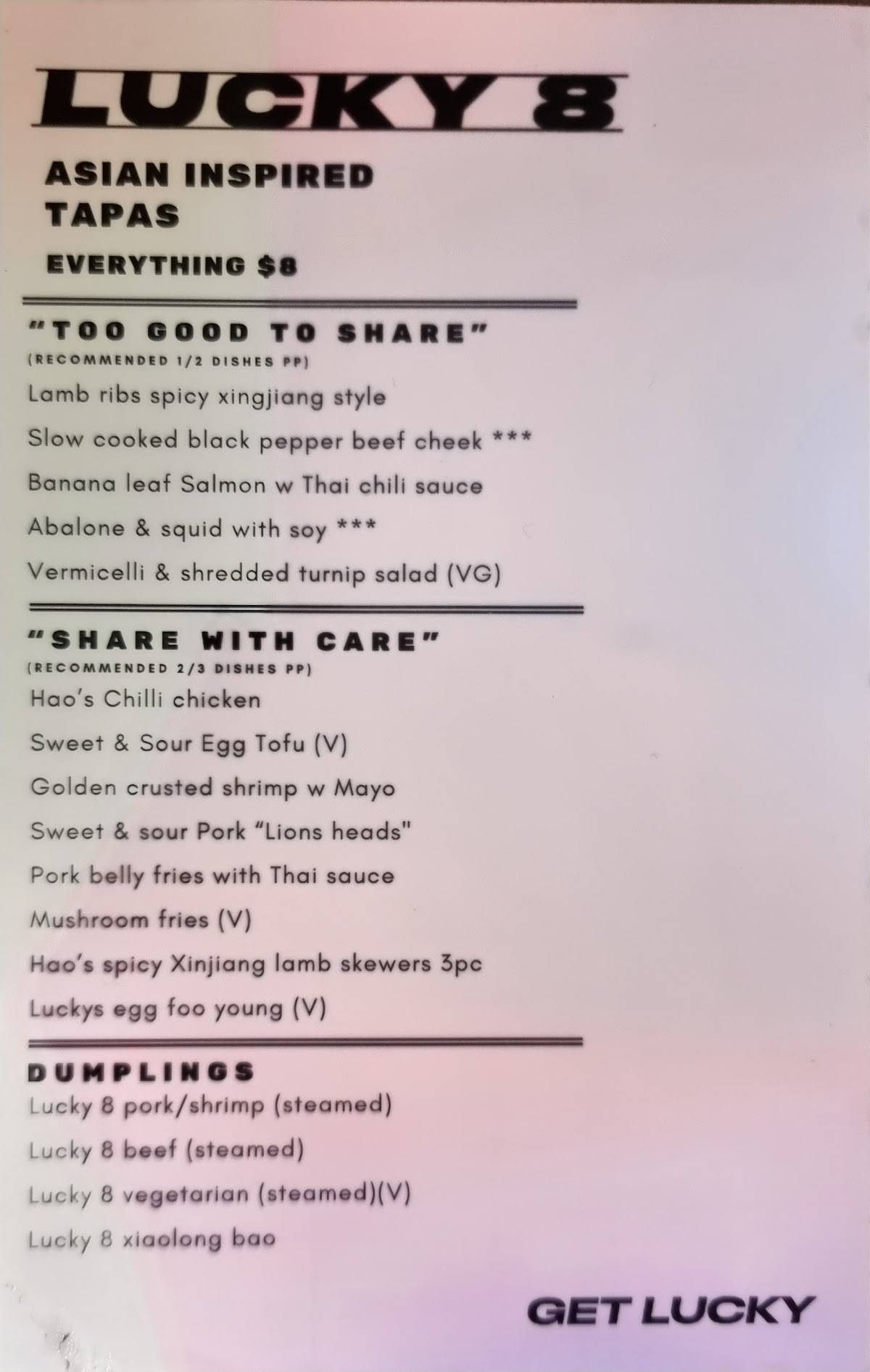 Menu at Lucky 8 restaurant, Auckland