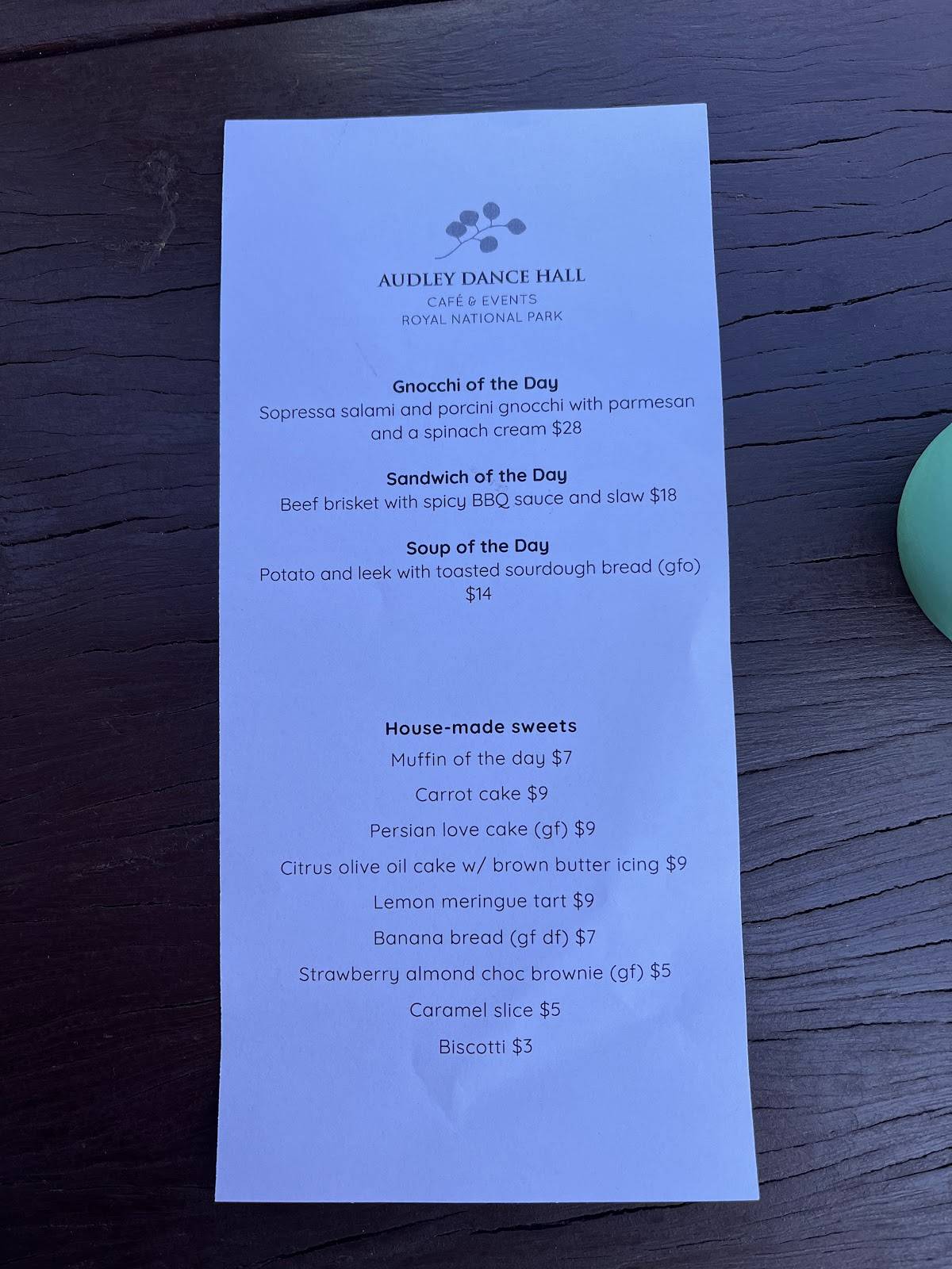 Menu at Audley Dance Hall Cafe & Events, Royal National Park