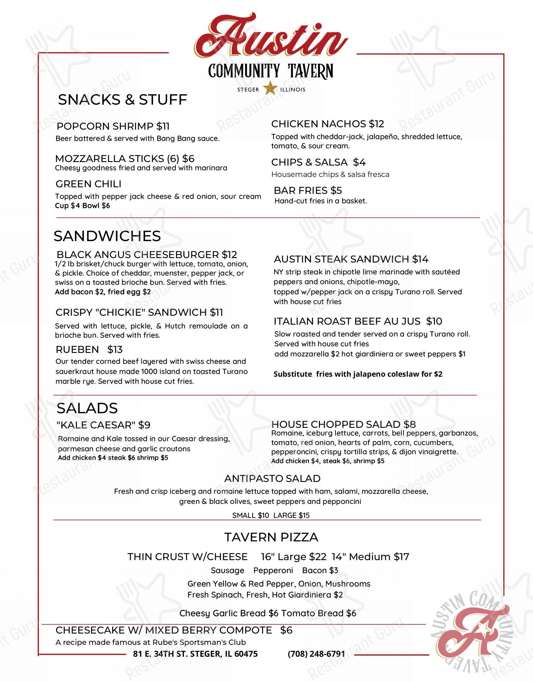 Menu at Austin Community Tavern pub & bar, Steger