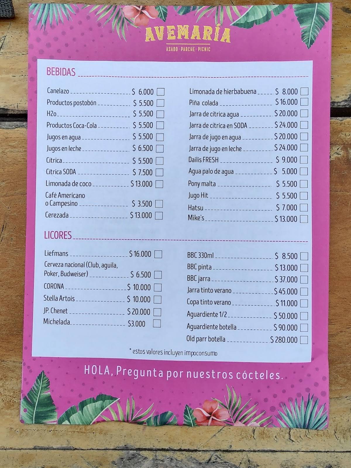 Carta del restaurante Avemaria Rest, Villavicencio