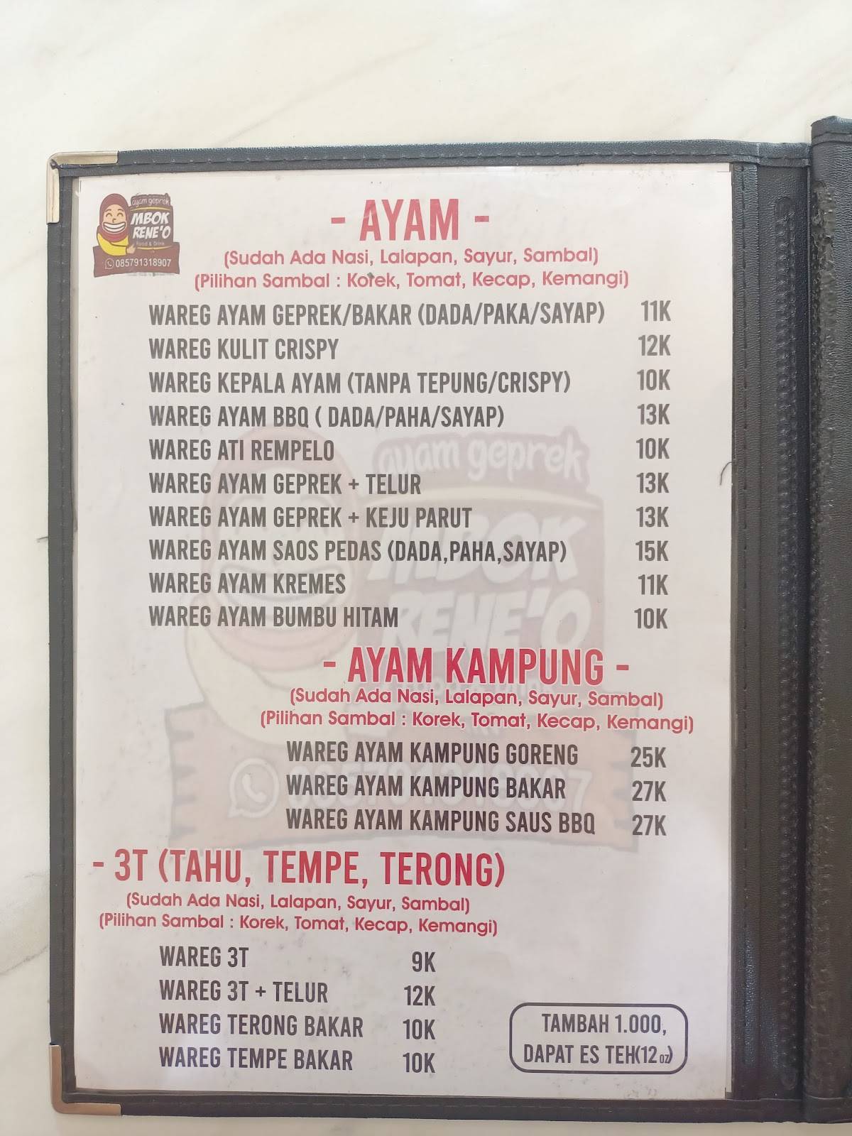 Carta del restaurante Ayam Geprek Mbok Rene'o, Blitar