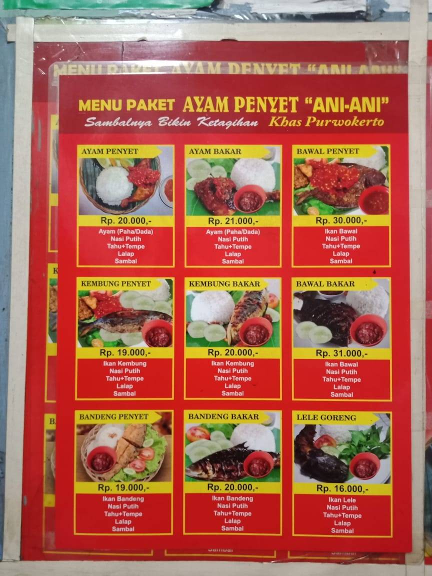 Carta del restaurante Ayam Penyet Ani-Ani Khas Purwokerto, West Jakarta
