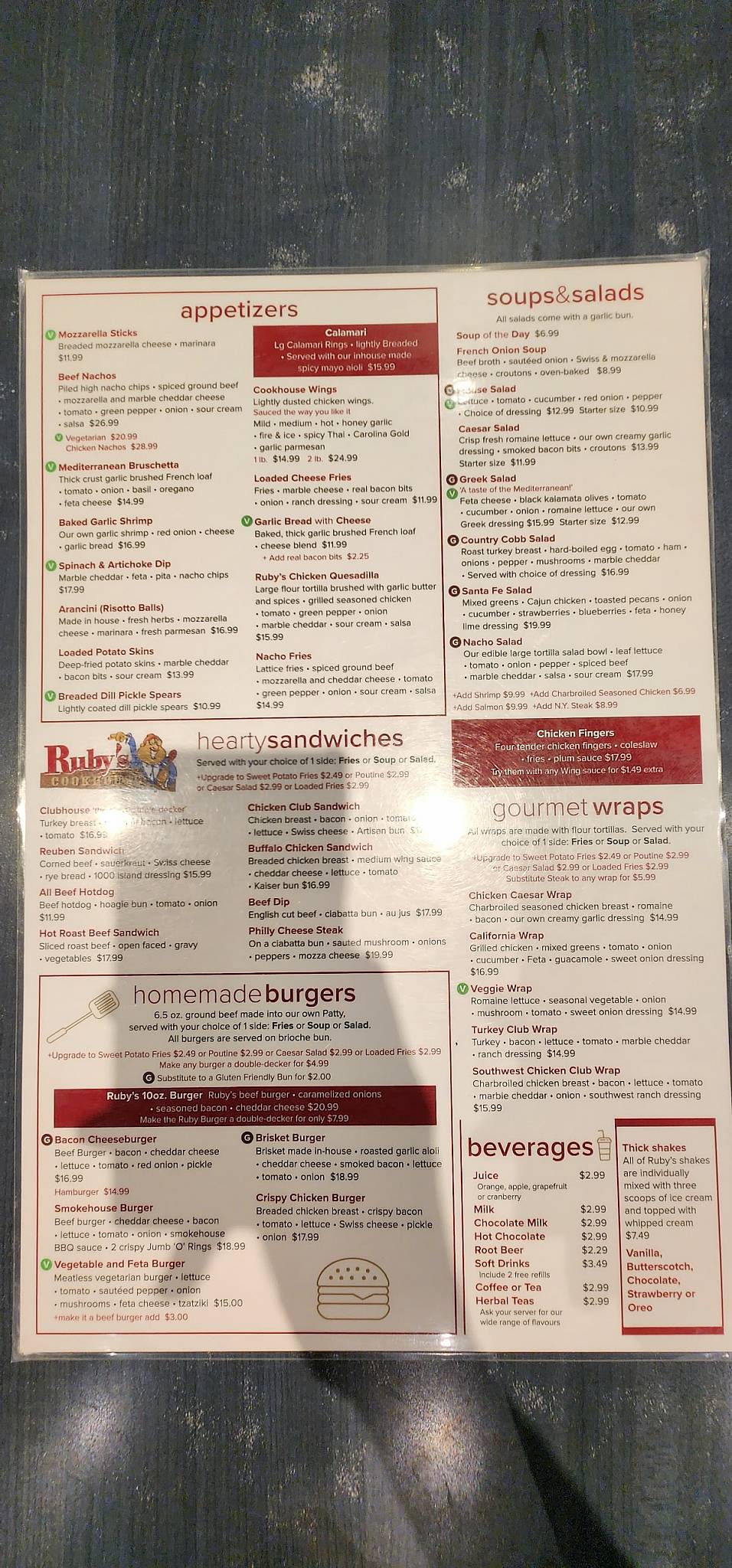 Menu au Ruby's Cookhouse restaurant, Aylmer