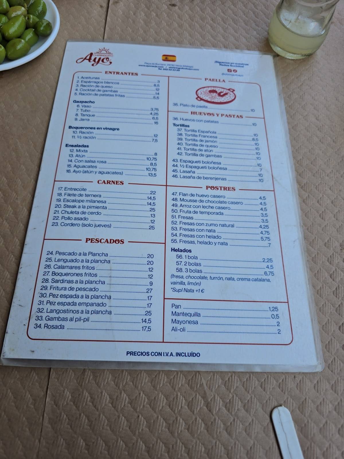 Carta de Restaurante Ayo, Nerja