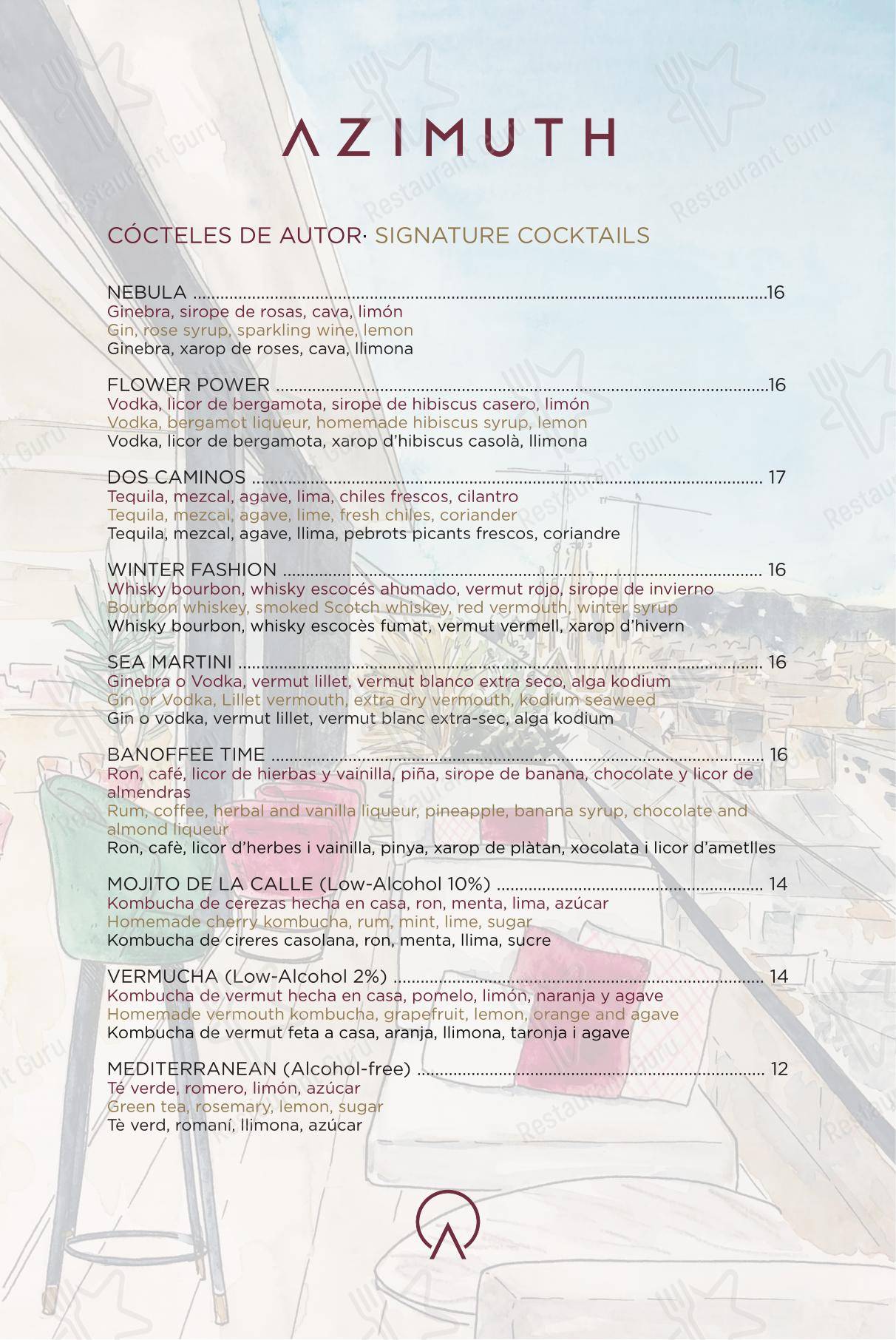 Menu at Azimuth Rooftop Bar, Barcelona