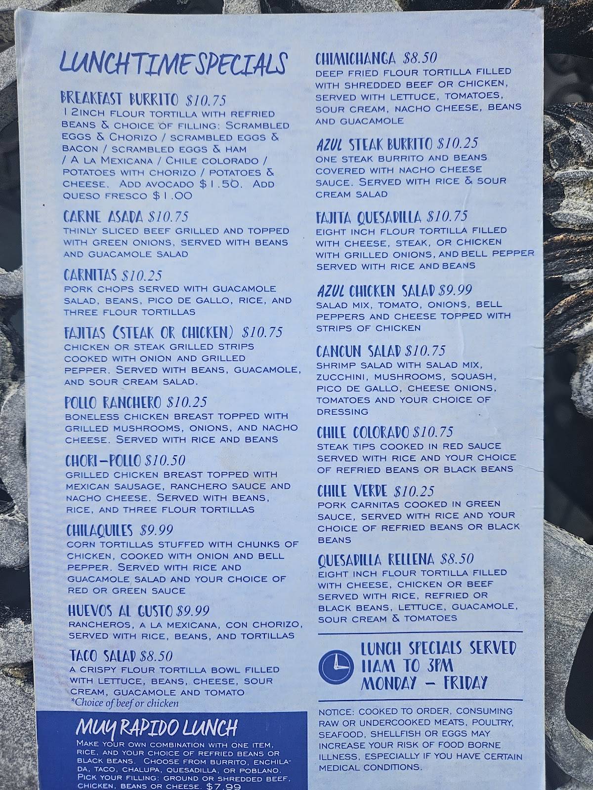 Menu at Azul Mexicano Downtown restaurant, Charleston