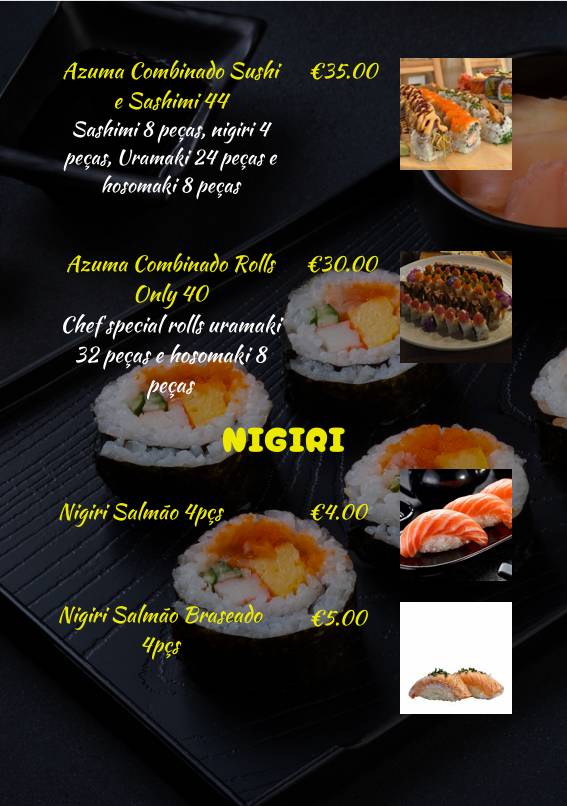 Carta del restaurante Azuma Asian Fusion, Baixa da Banheira