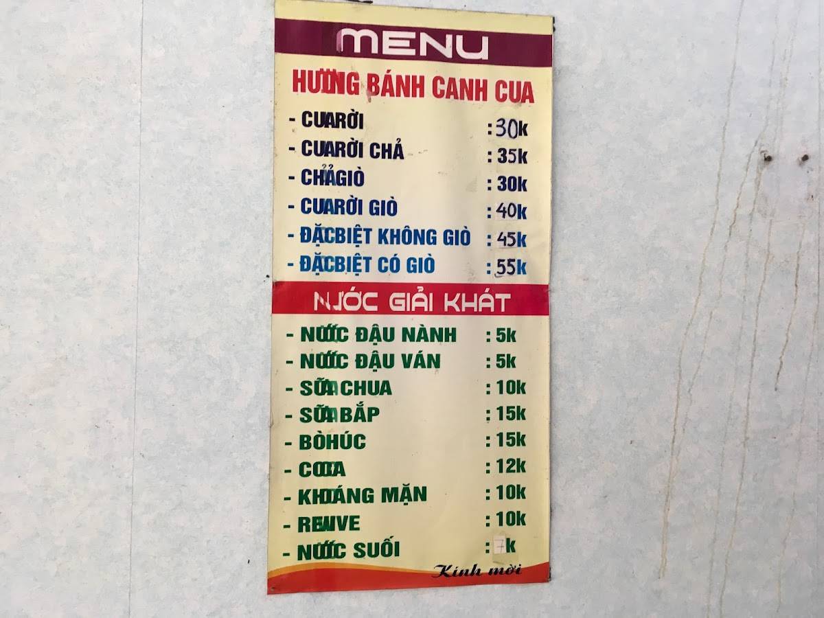 Menu at Bánh Canh Ngon restaurant, Hue