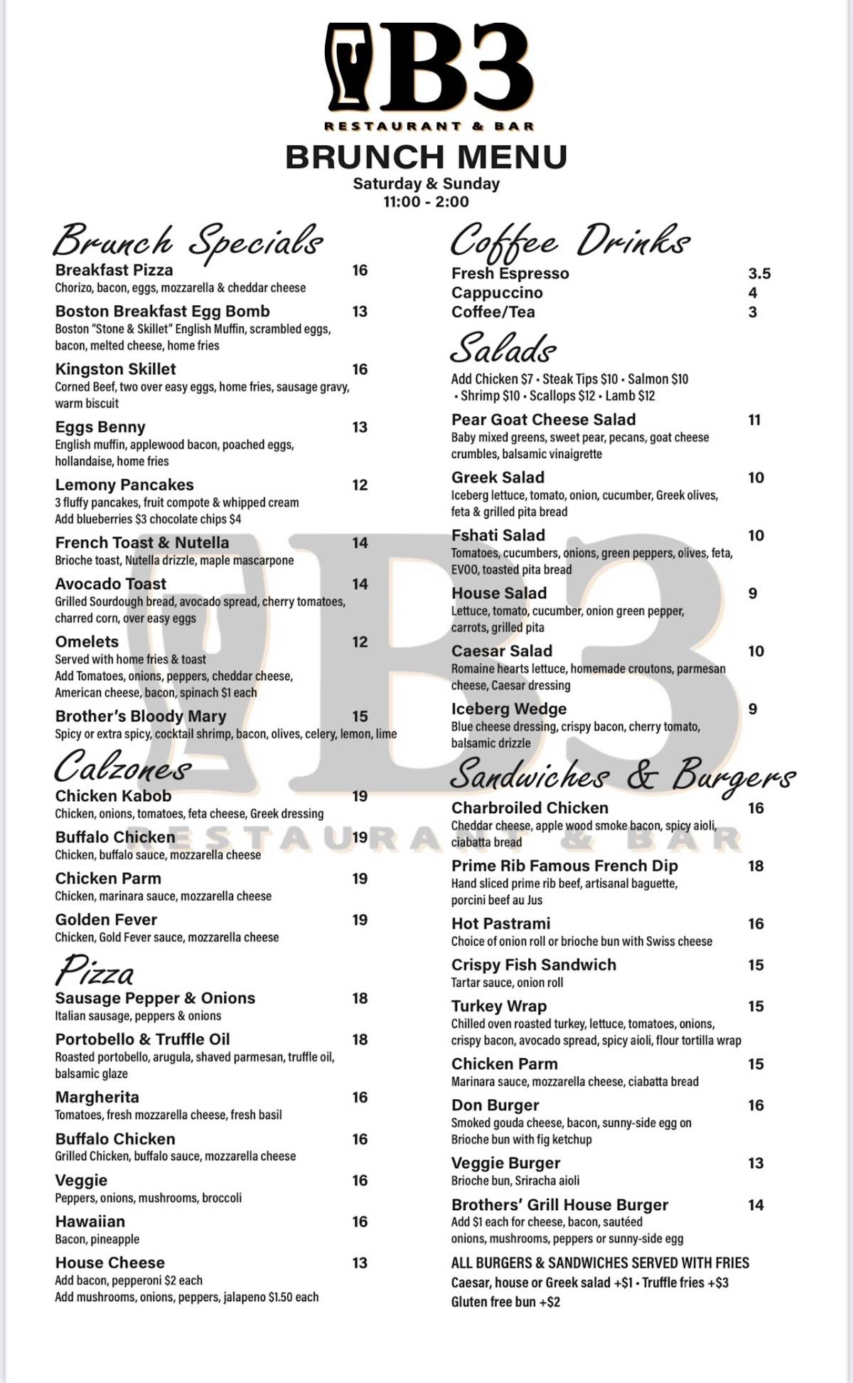 Menu at B3 Restaurant & Bar, Kingston