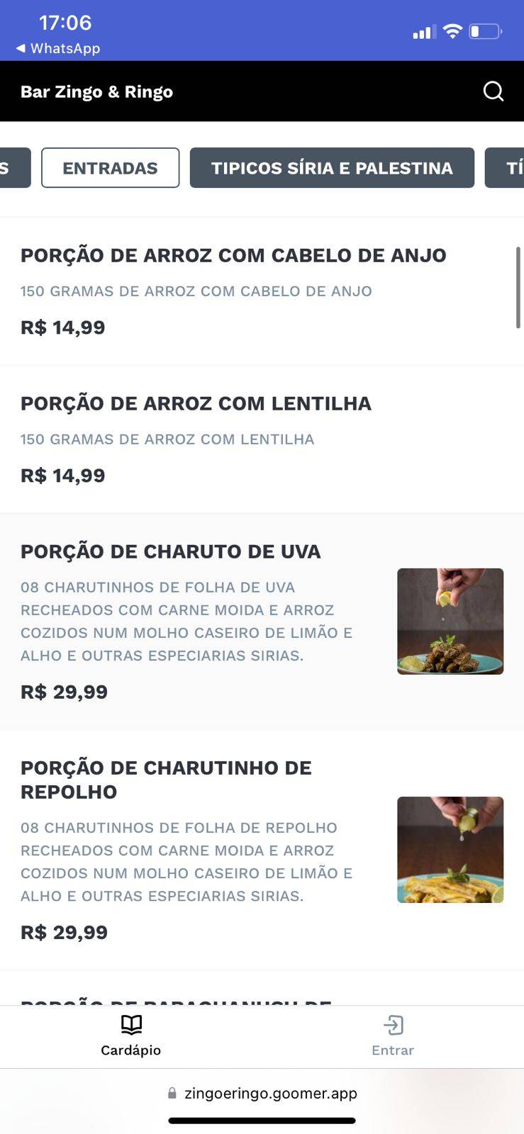 Menu em BAR ZINGO & RINGO, São Paulo