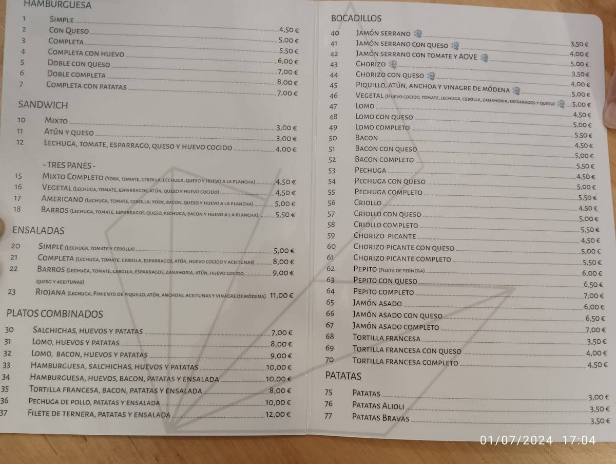 Menu at BARROS A GUARDA, A Guarda