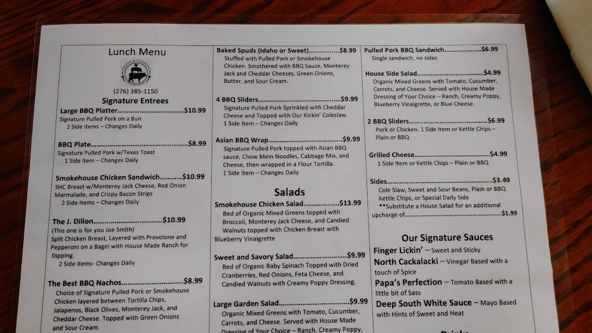 Menu at Fisher & Company BBQ, Tazewell, State Rte 693