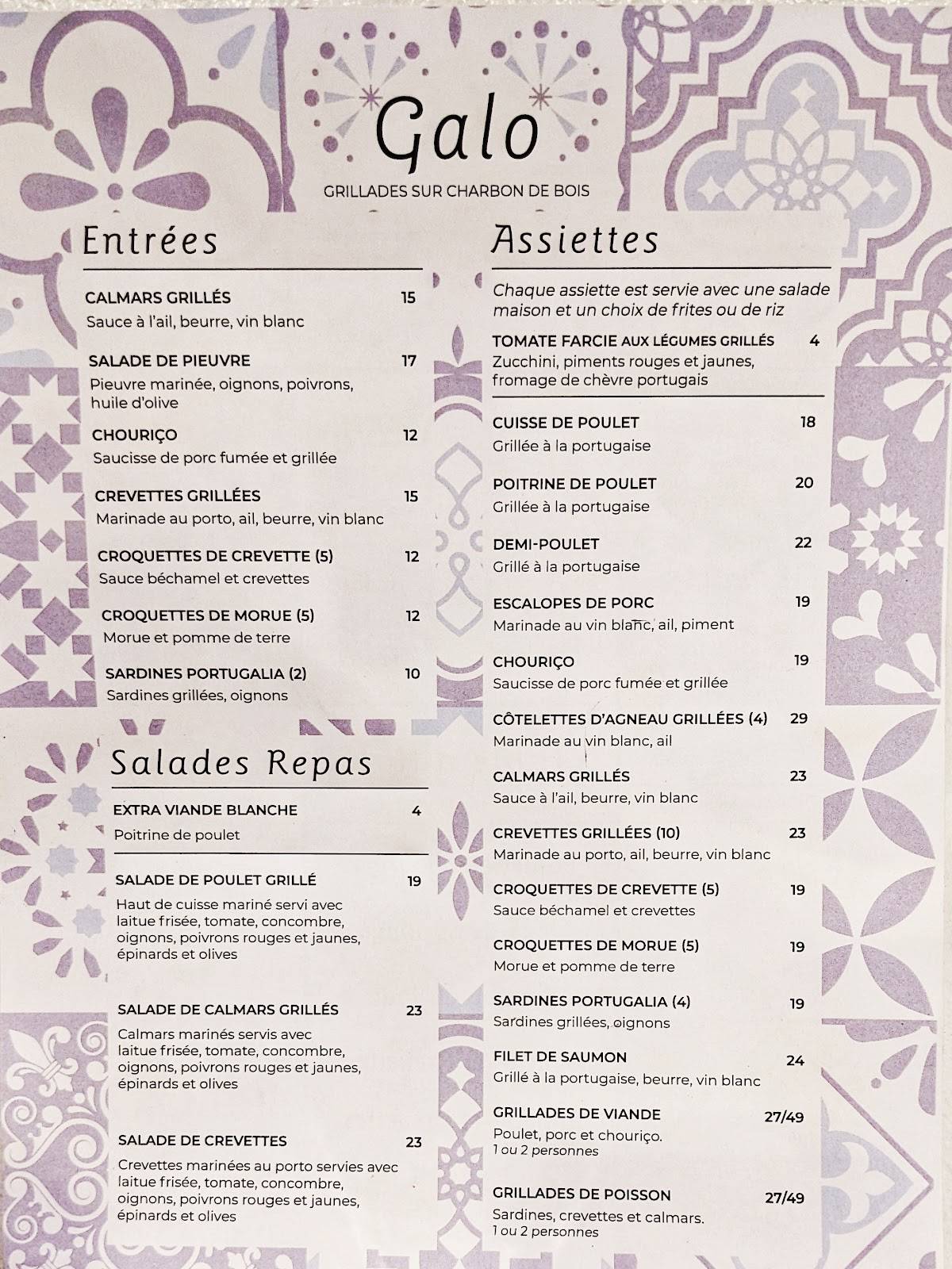 Menu au Galo BBQ, Mont-Royal