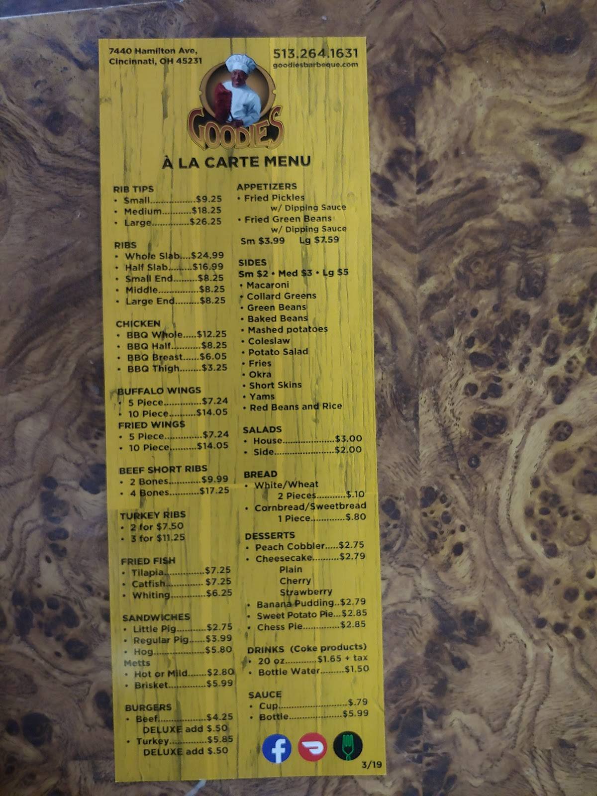 Menu at Goodies BBQ, Cincinnati, Hamilton Ave
