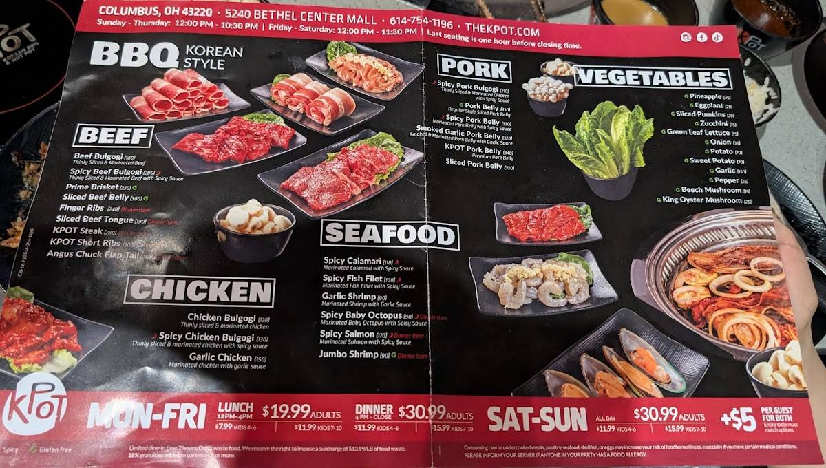 Menu at KPOT Korean BBQ & Hot Pot, Columbus, Bethel Center Mall