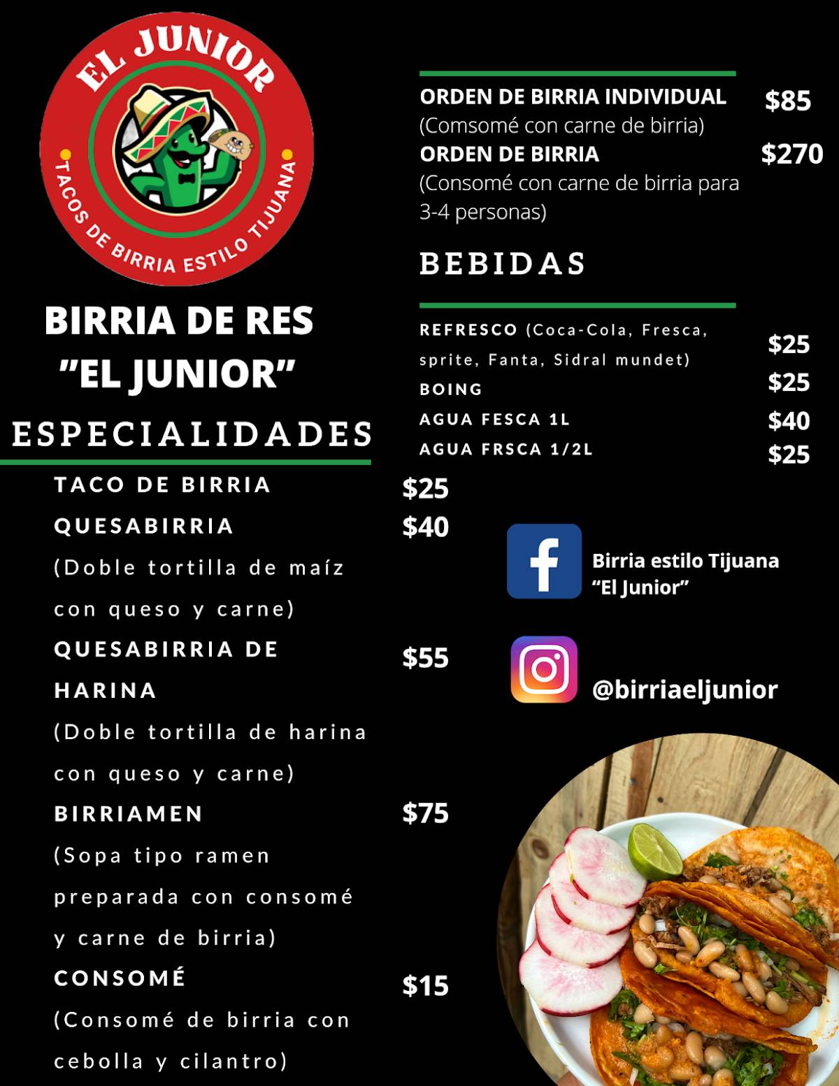 Menu at BIRRIA DE RES ESTILO TIJUANA “EL JUNIOR” restaurant, Apan