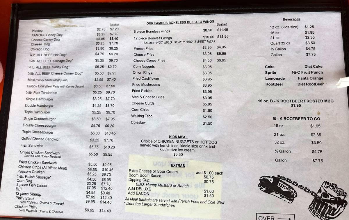 Menu at BK Root Beer Drive In restaurant, Mishawaka, Logan St