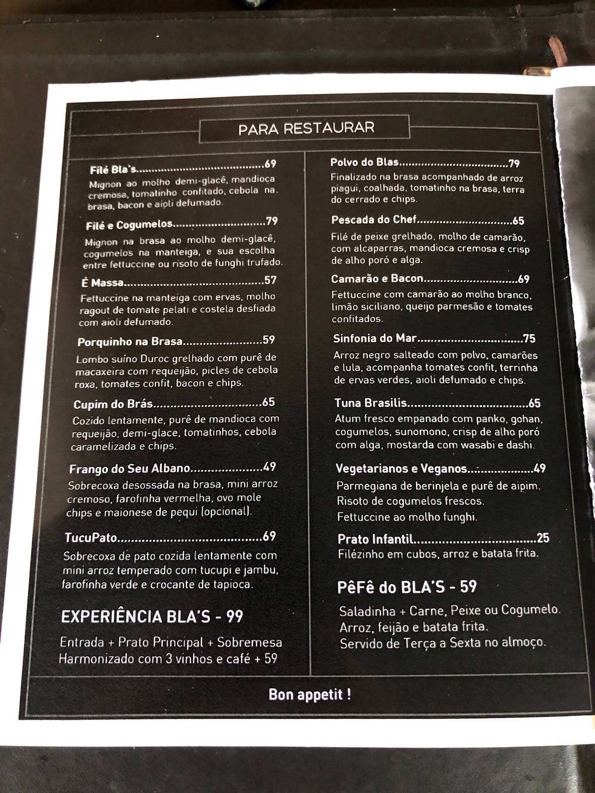 Menu em BLAS RESTAURANTE INTERNACIONAL, Brasília, CLN 406 Bloco D