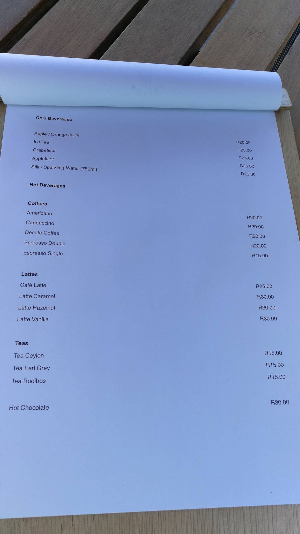 Menu at BOSJES restaurant, South Africa
