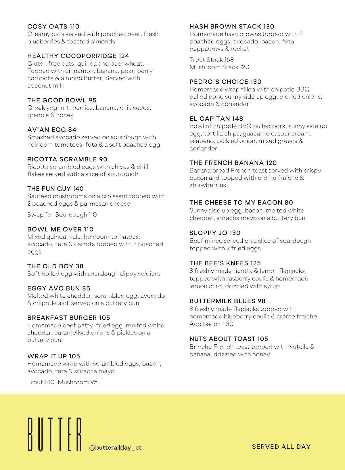 Menu at BUTTER - All Day Breakfast & Bistro Bar, Cape Town