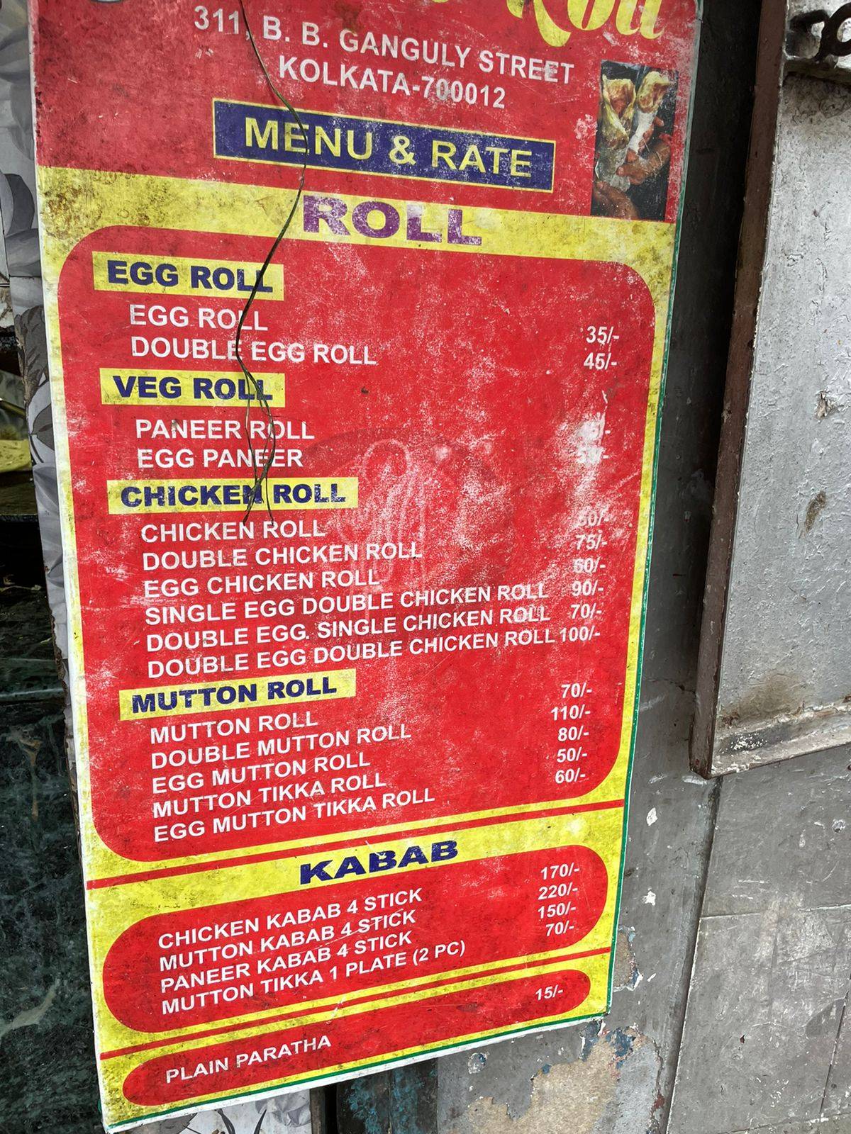 Menu at Baba Roll, Kolkata