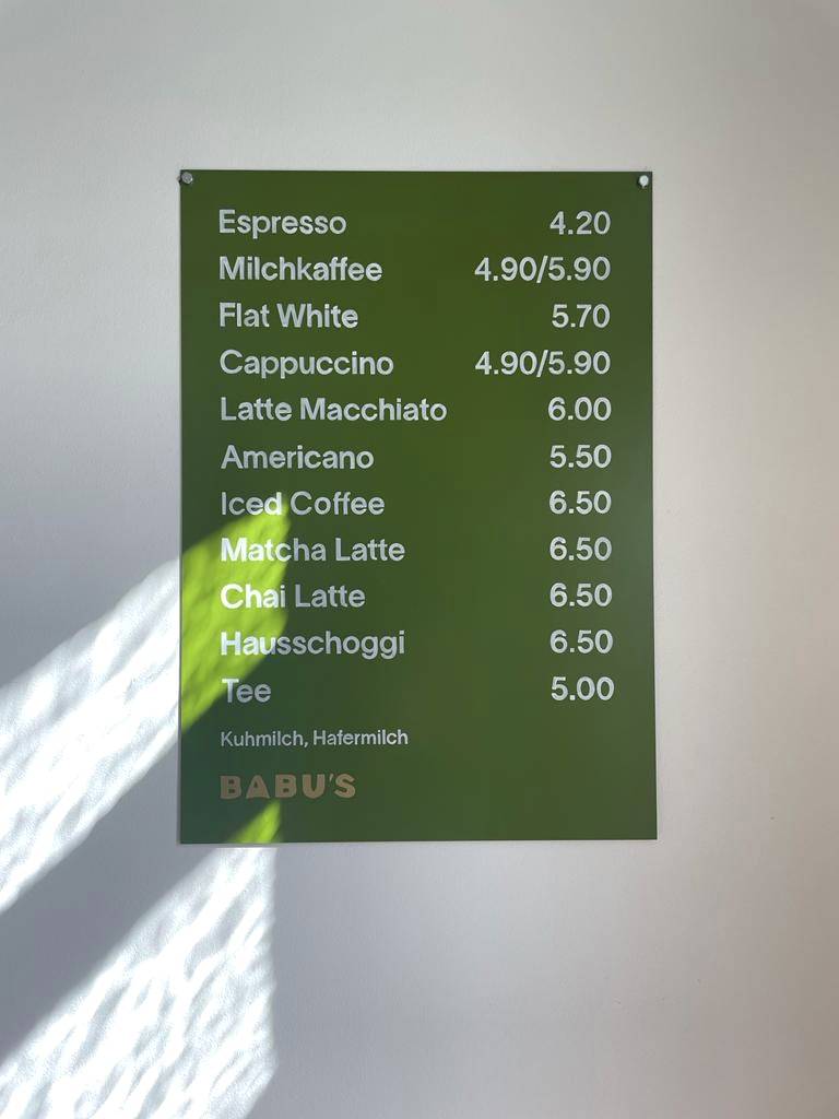 Menu da Babu's Bakery, Zurigo
