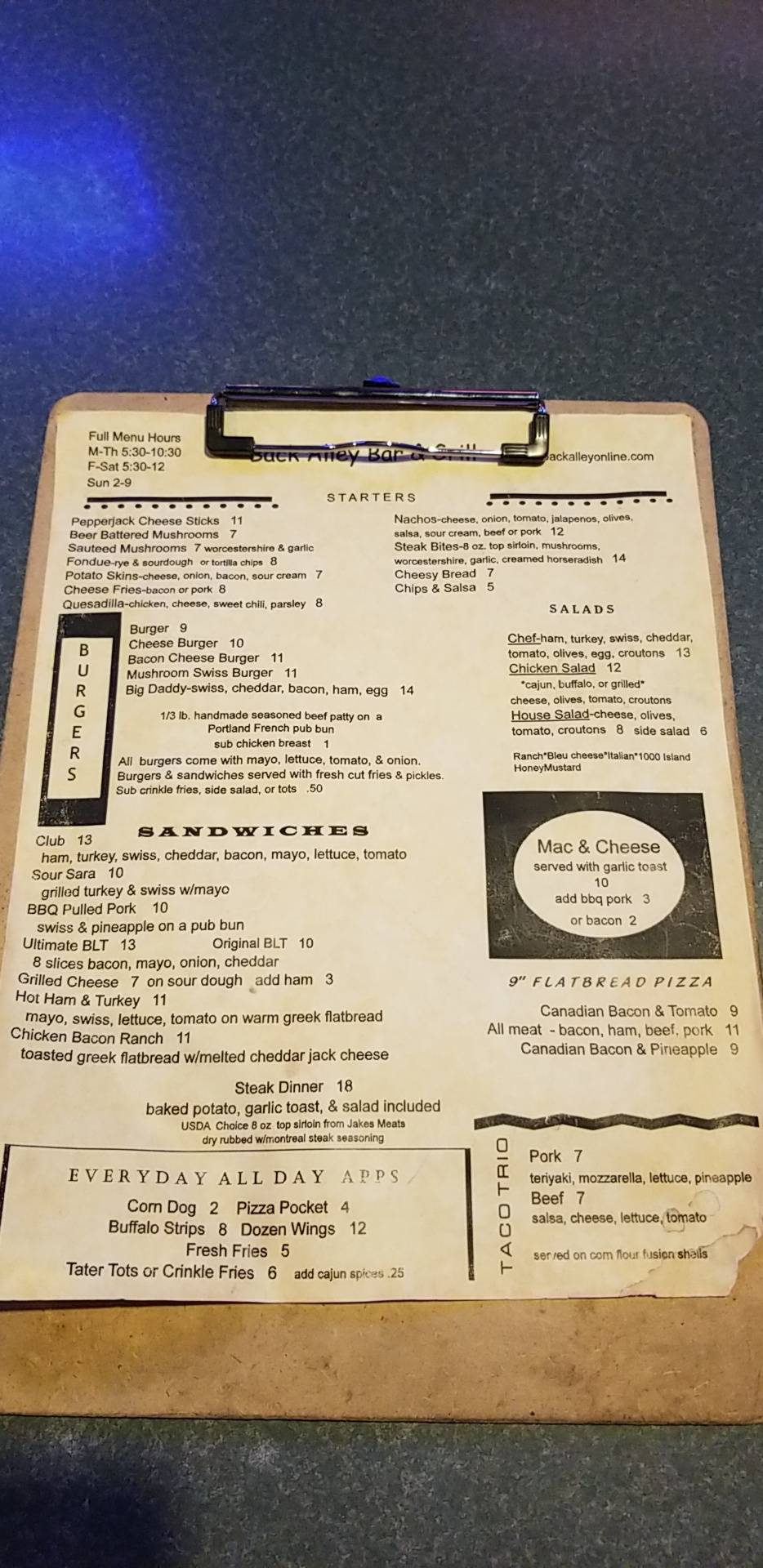 Menu at Back Alley Bar & Grill, Vancouver