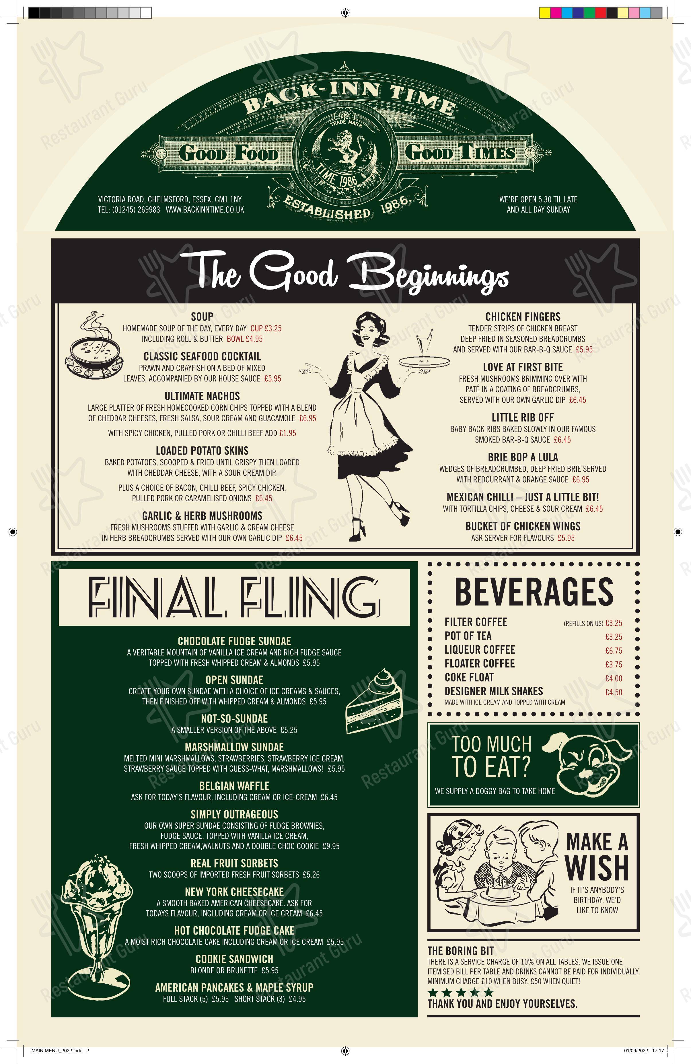 Menu at Back-Inn Time pub & bar, Chelmsford