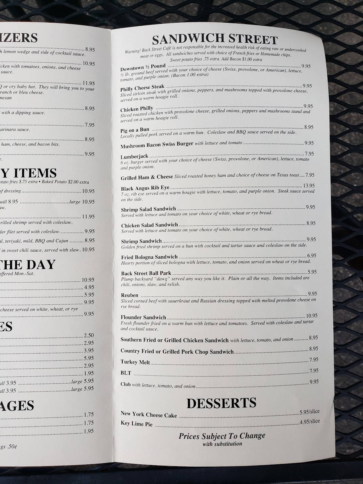 Menu at Back Street Cafe, Loris