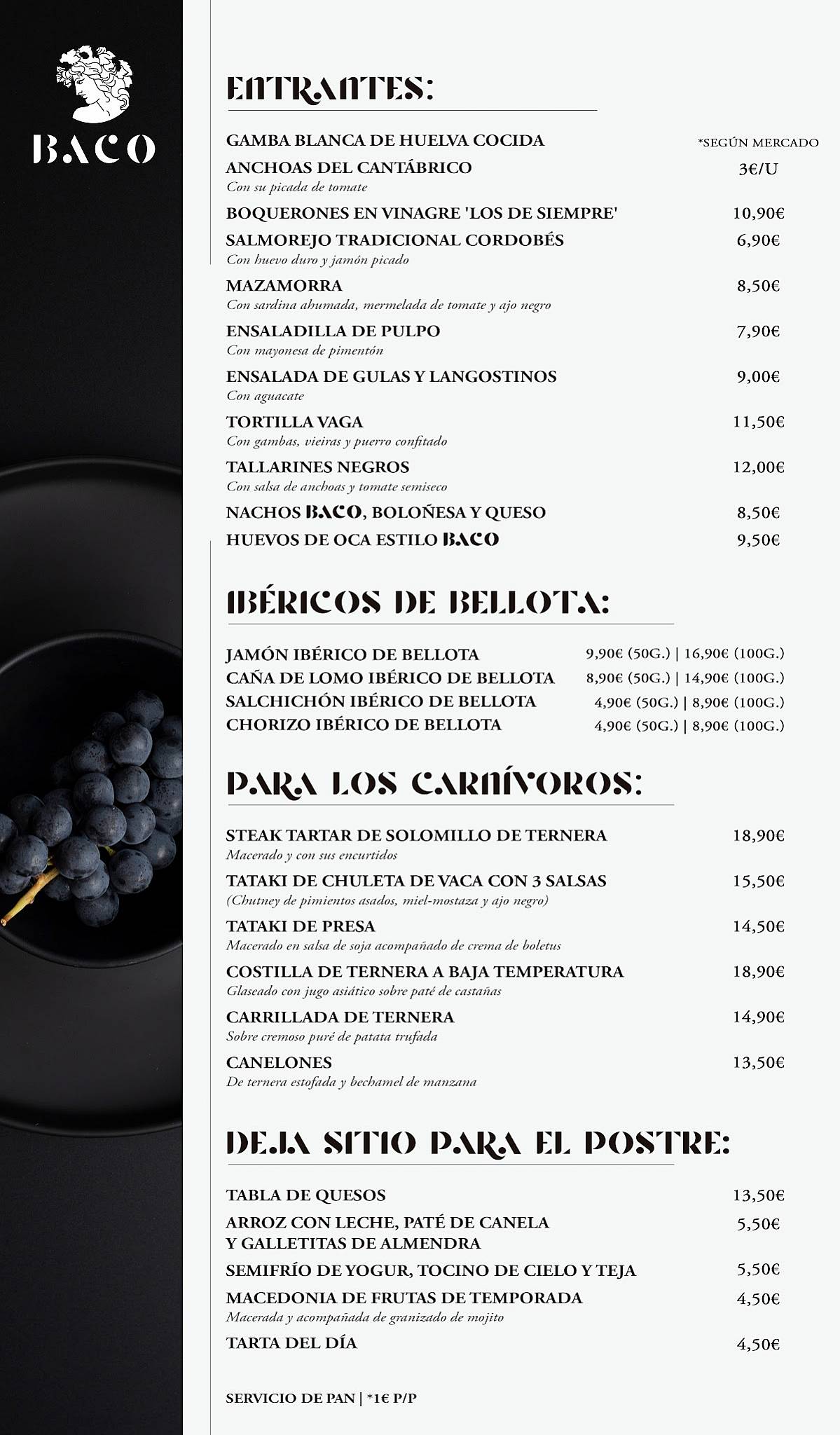 Carta de Baco Gastrobar, Córdoba