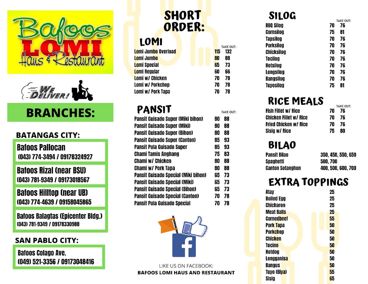 Menu at Bafoos Lomi Haus & Restaurant, San Pablo City