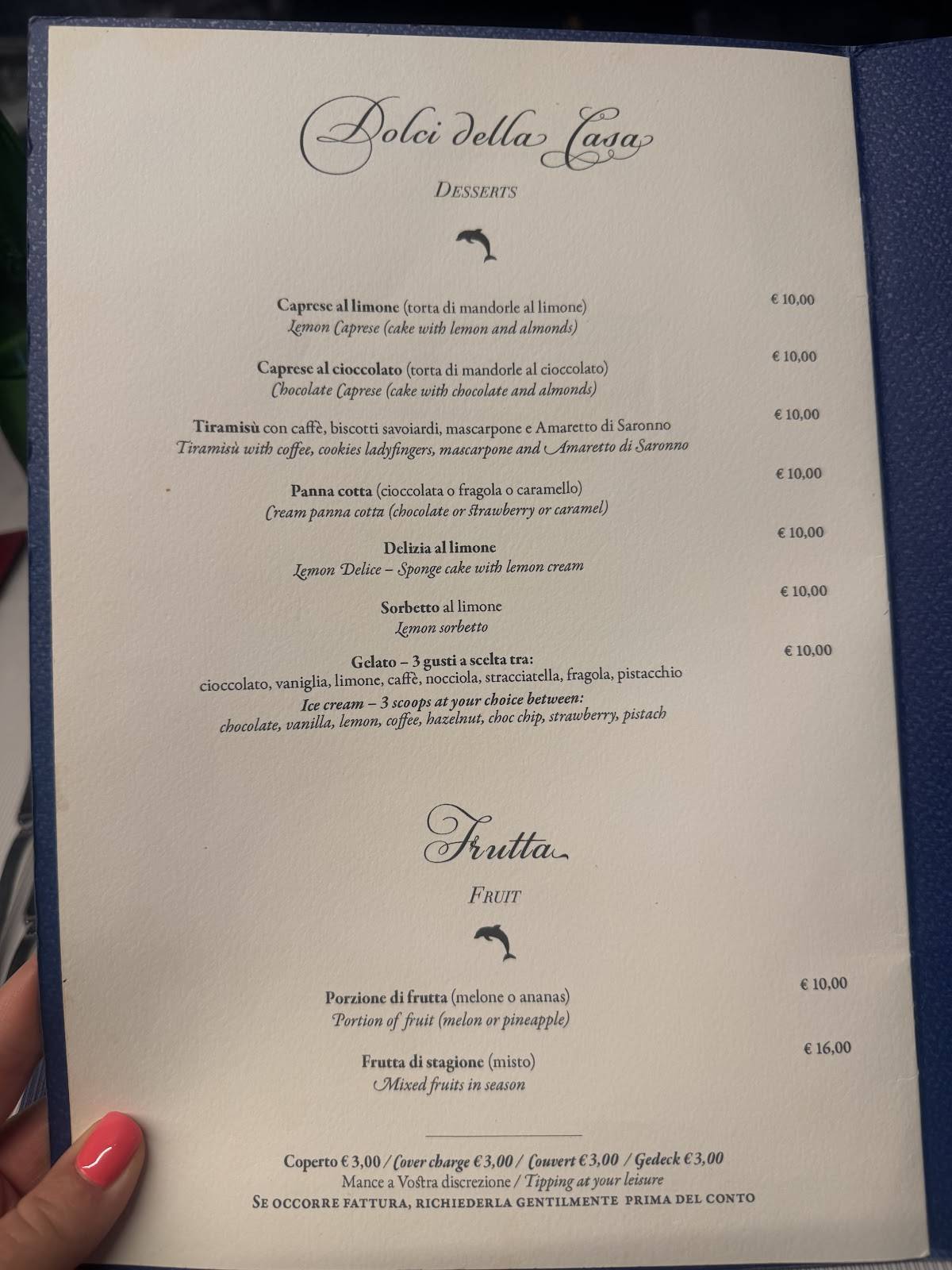 Menu at Bagni Delfino restaurant, Sorrento