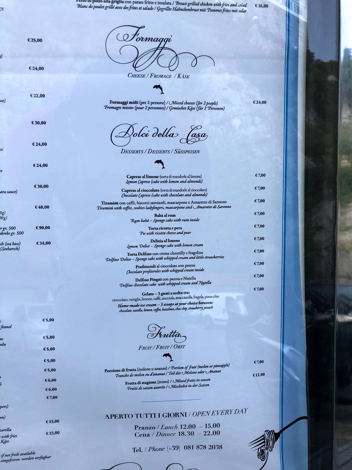 Menu at Bagni Delfino restaurant, Sorrento