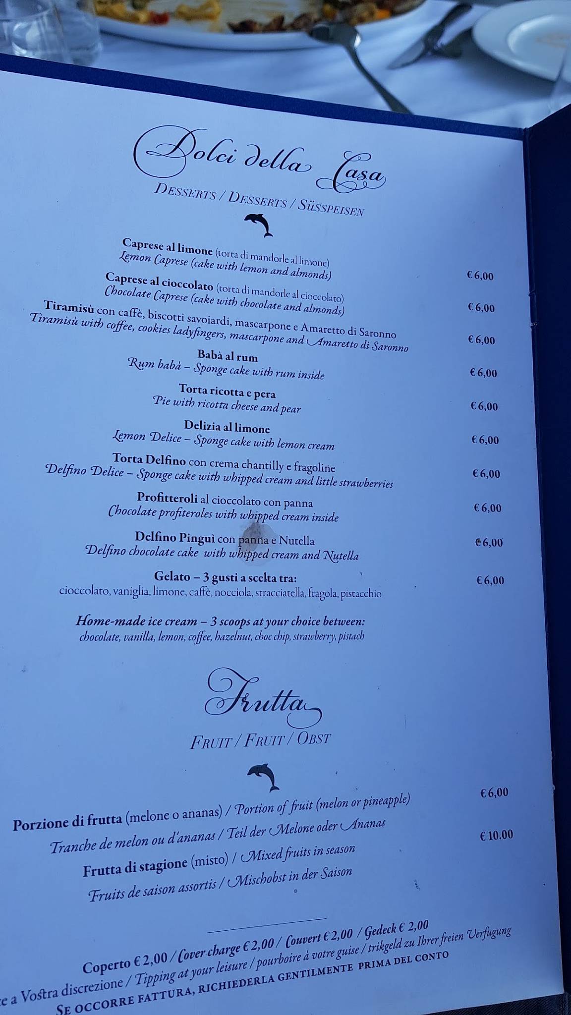 Menu at Bagni Delfino restaurant, Sorrento