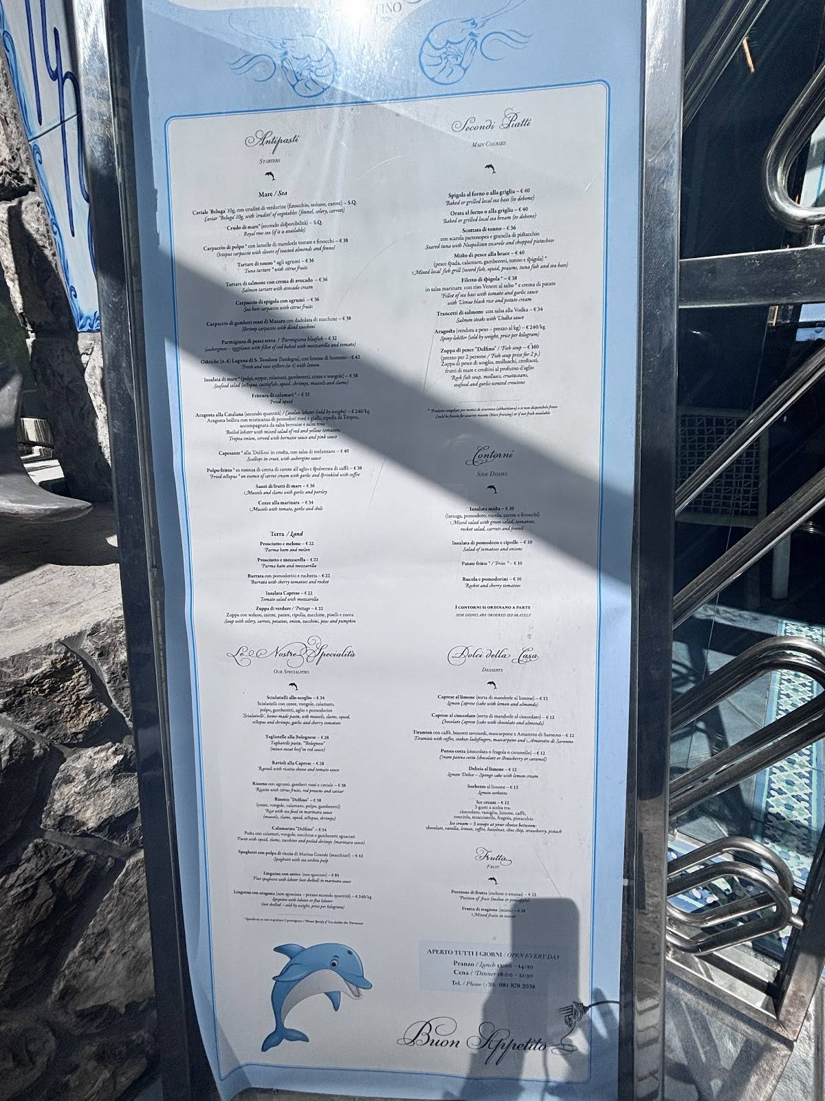 Menu at Bagni Delfino restaurant, Sorrento