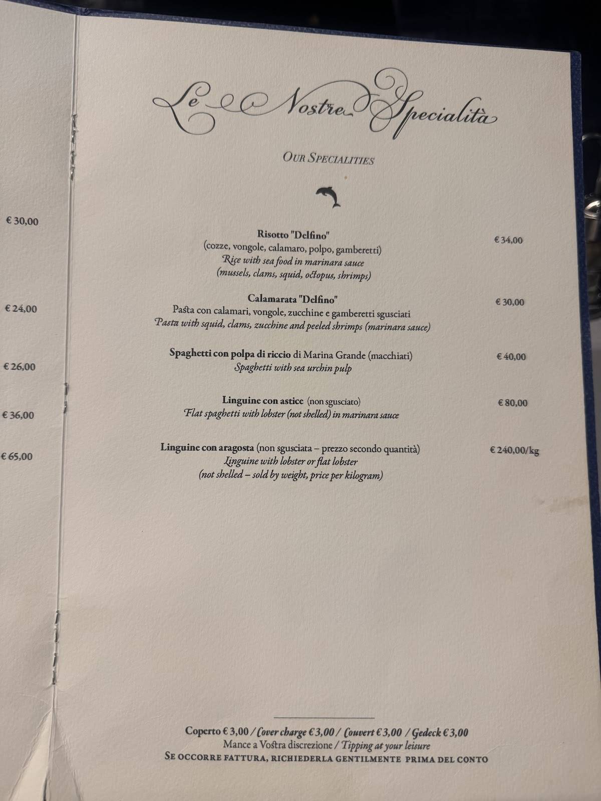 Menu at Bagni Delfino restaurant, Sorrento