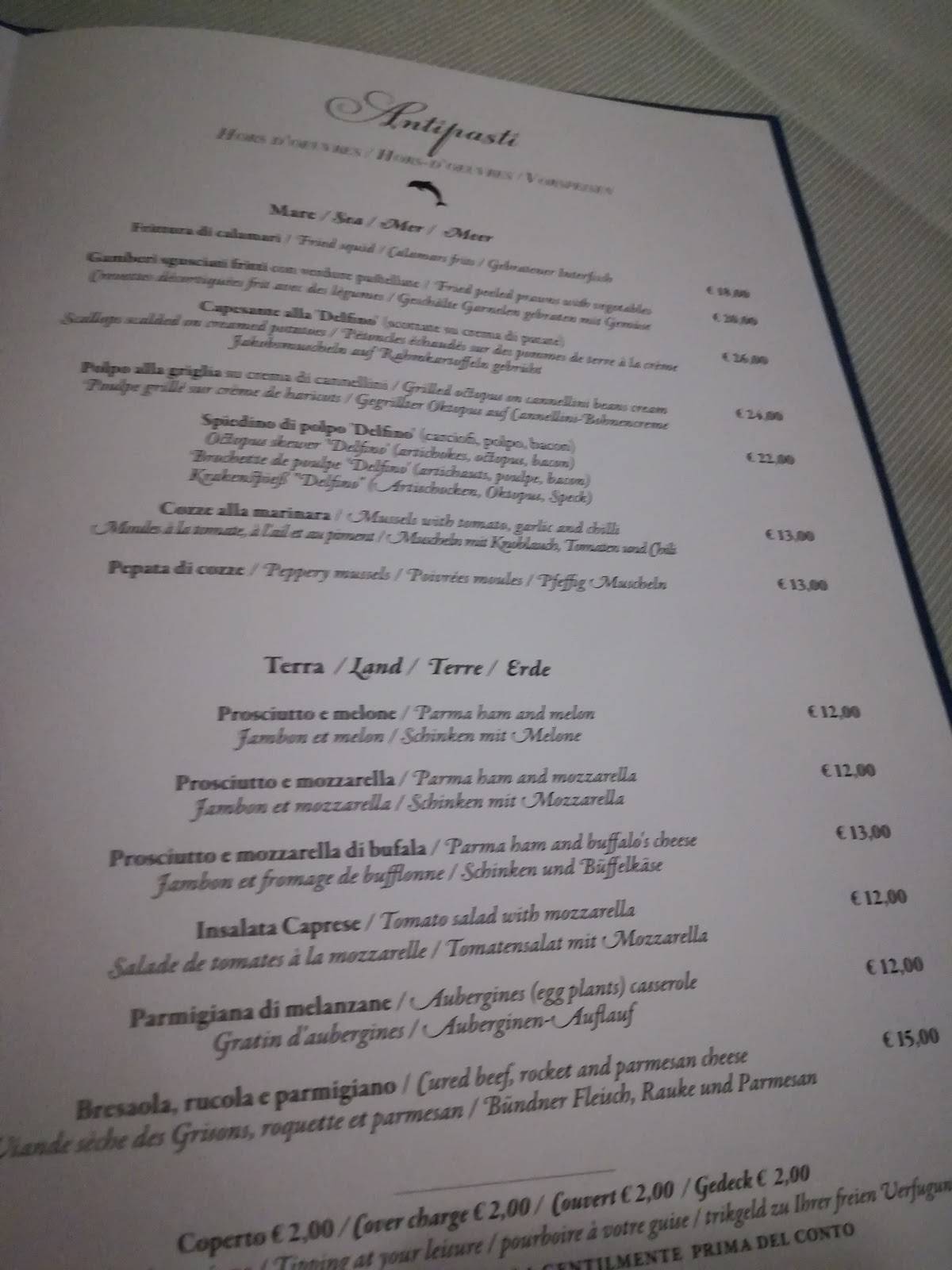 Menu at Bagni Delfino restaurant, Sorrento