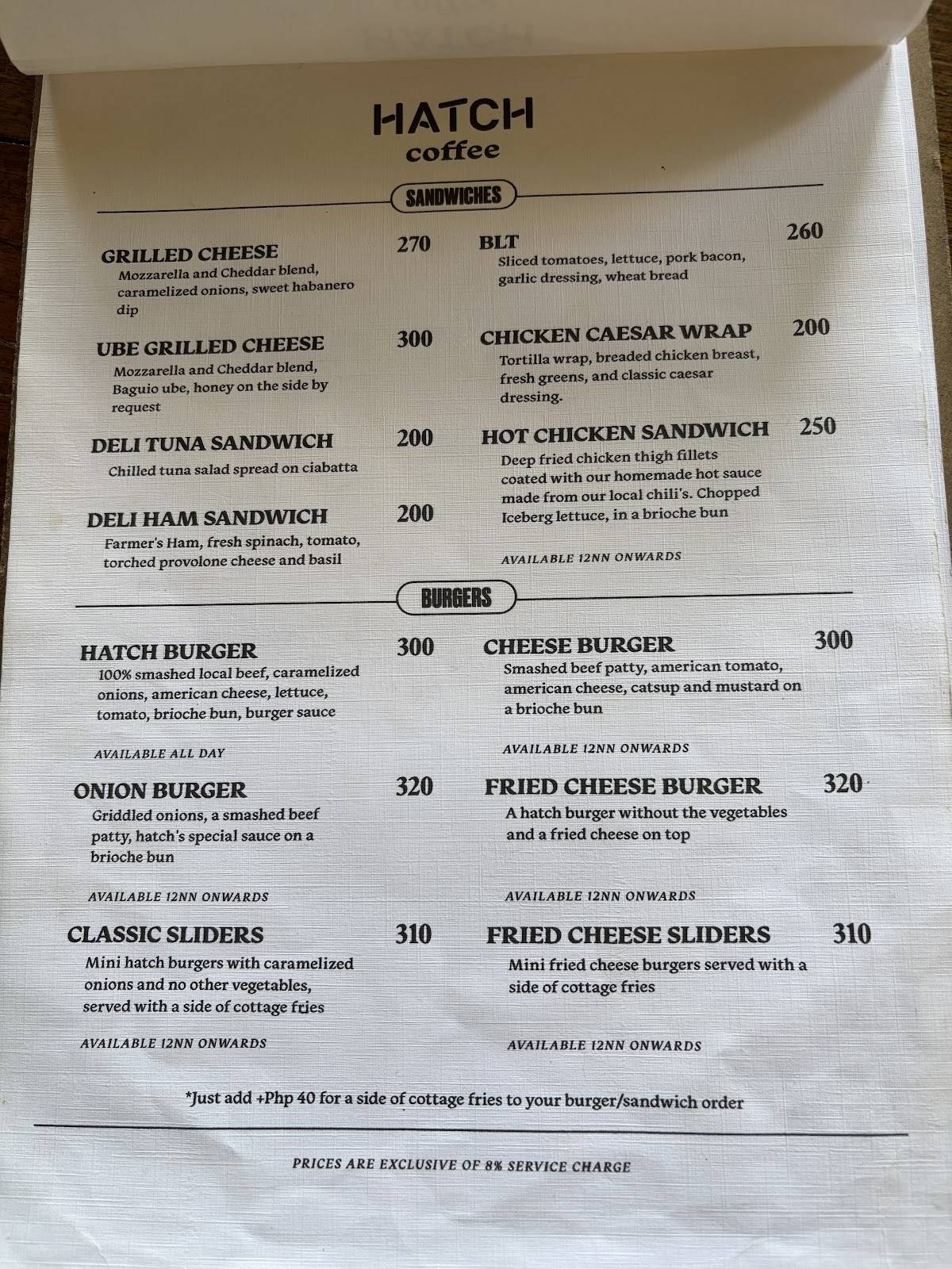 Menu at Hatch Coffee cafe, Baguio