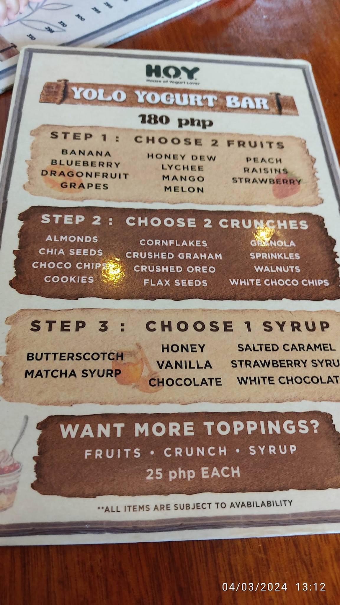 Menu at House of Yogurt Lover (H.O.Y.) restaurant, Baguio